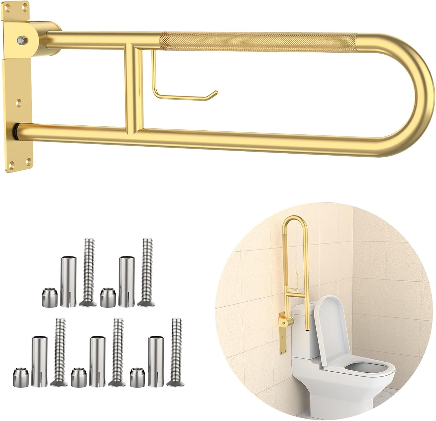 Toilet Grab Bar 30.3 Inch, YuanDe Flip Up Grab Bar with Paper Holder ...