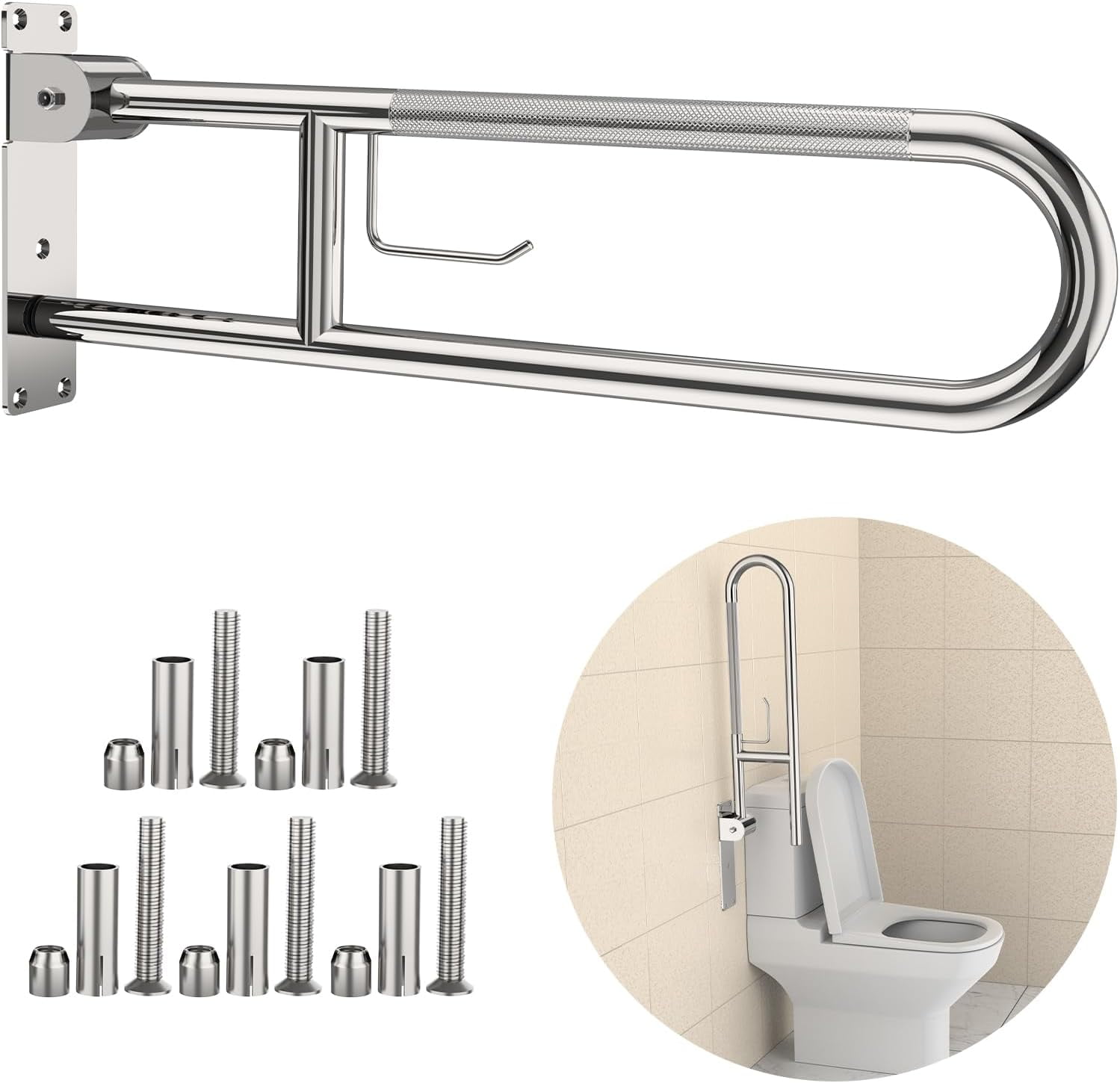 ZUEXT 30.3 Inch Foldable Toilet Grab Bar with Paper Holder, Anti-Slip ...