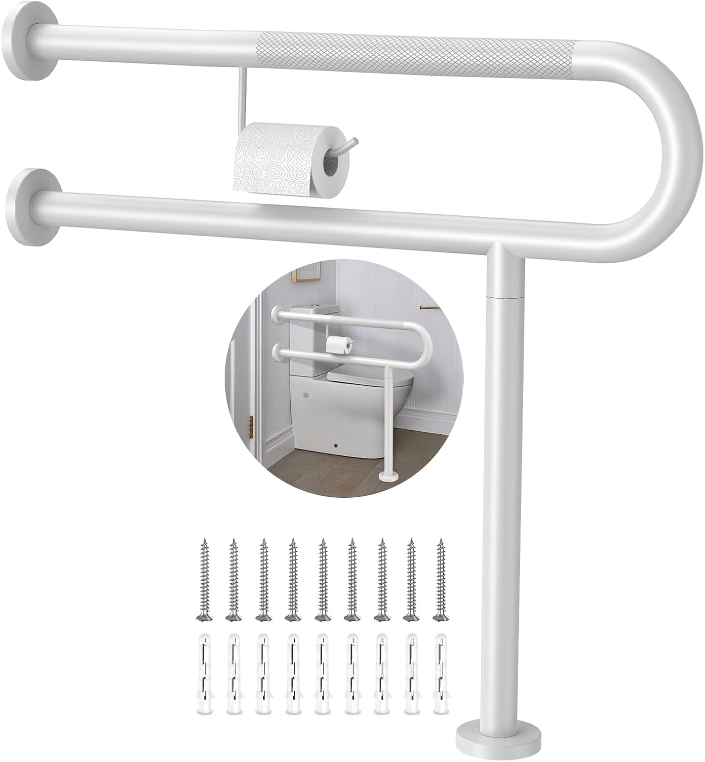 Toilet Grab Bar with Leg 31.5x28 Inch, White Knurled Toilet Support Bar ...