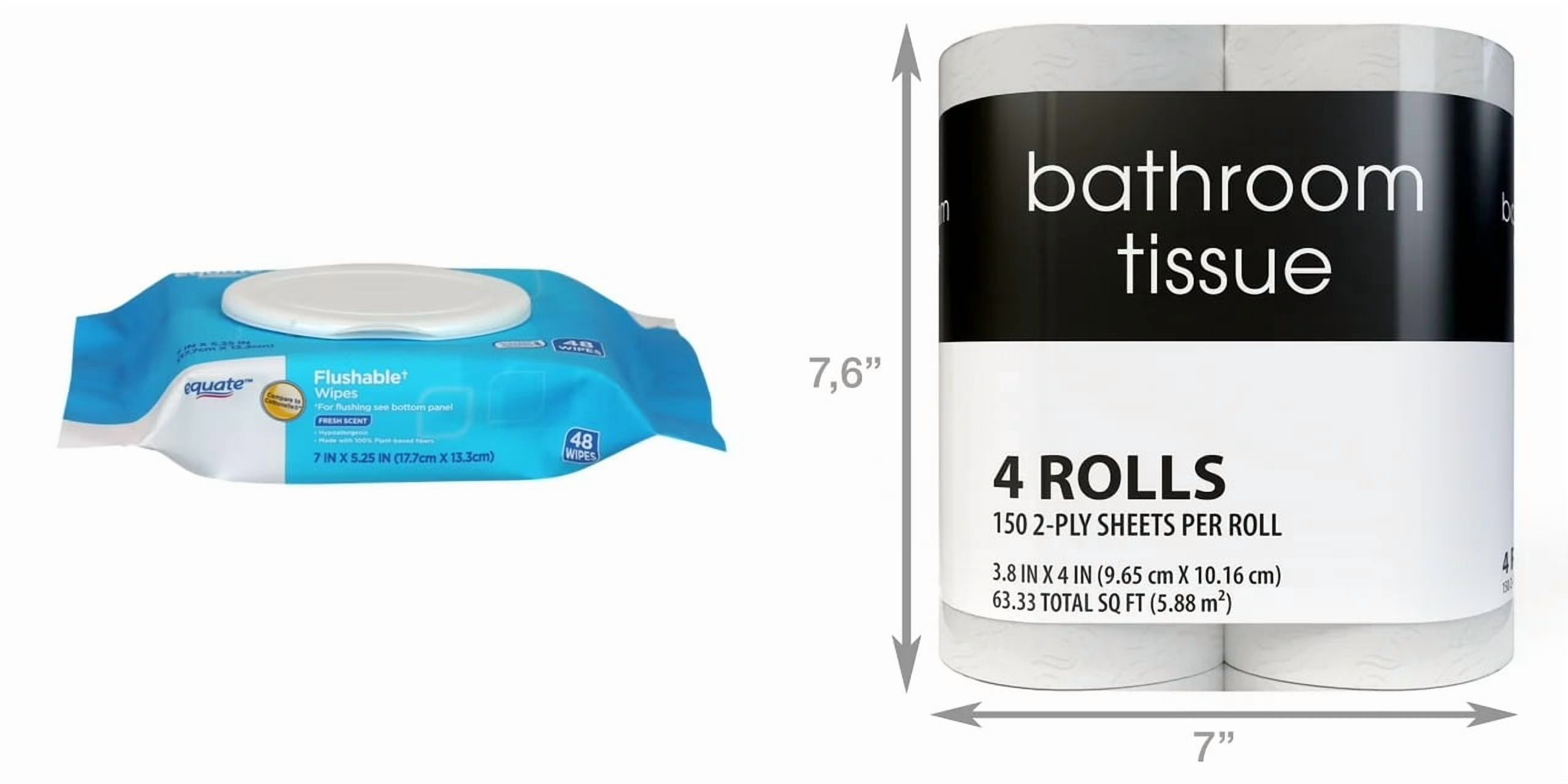 Toilet Paper, 4 Rolls, 150 2-Ply Sheets per Roll &Flushable Wet Wipes ...