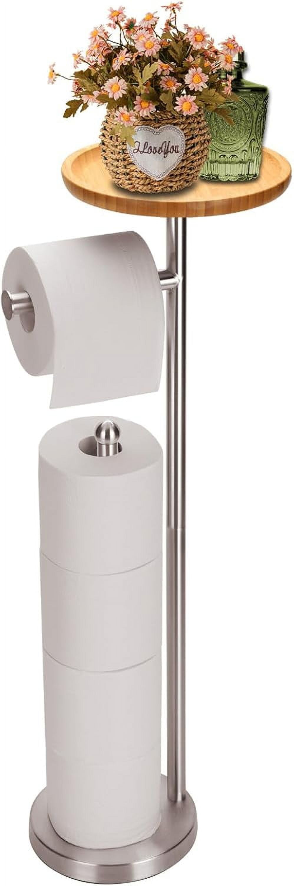Toilet Paper Holder Stand with 7.9" Big Bamboo Tray, Holds 5 Rolls ...