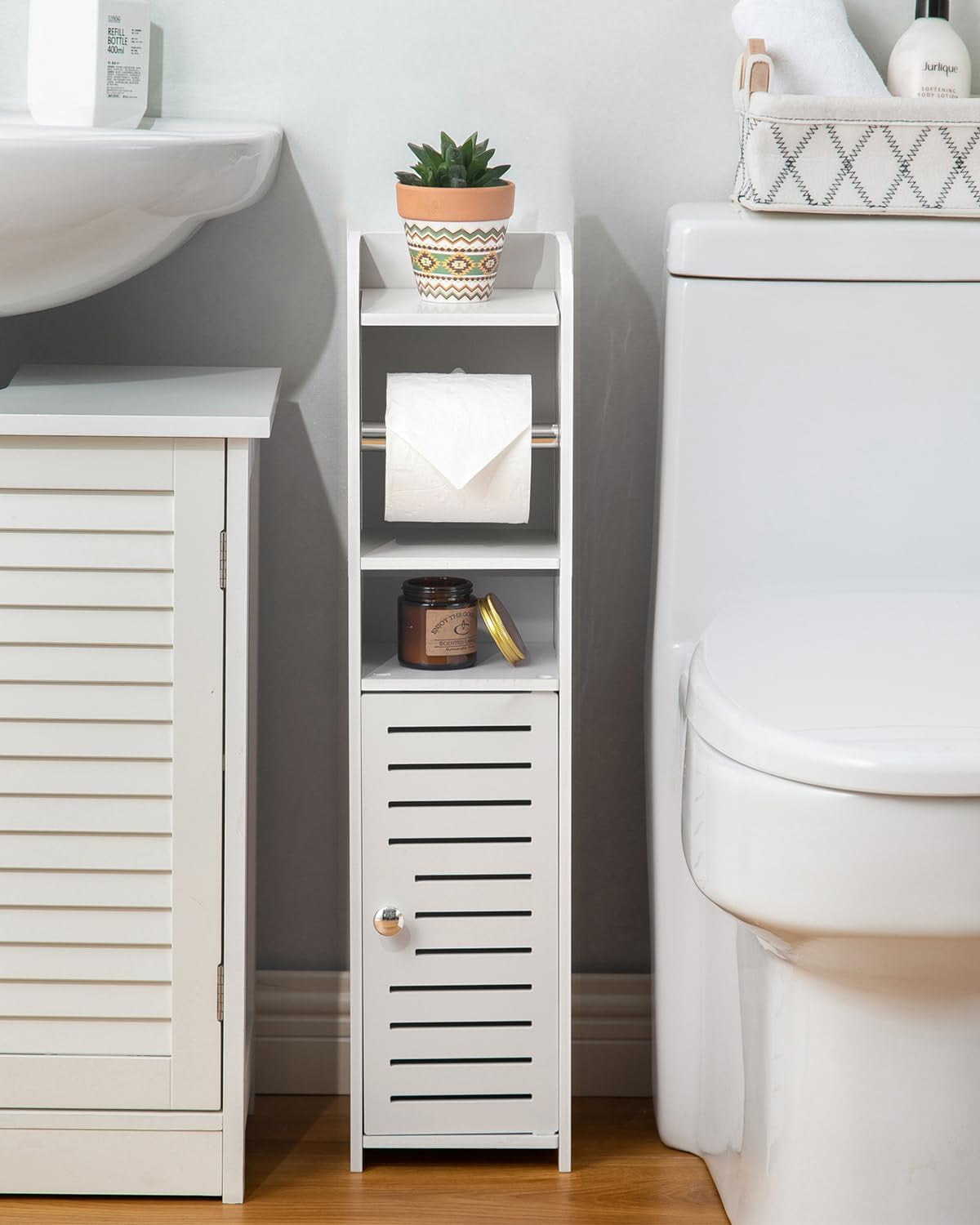 Toilet Paper Holder Stand: Small Bathroom Storage Cabinet - Light Grey ...