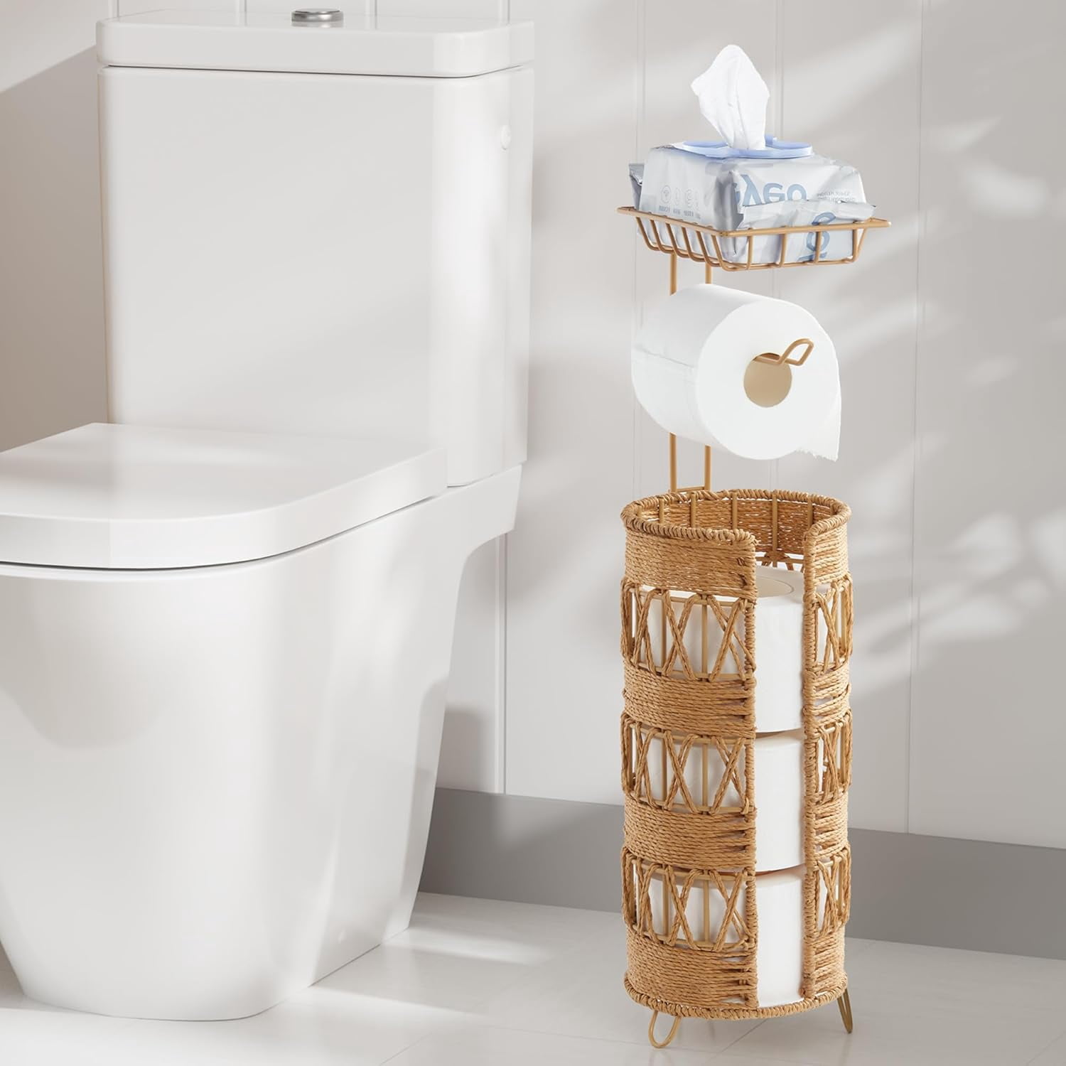Toilet Paper Holder Stand with Shelf, Freestanding Toilet Paper Roll ...