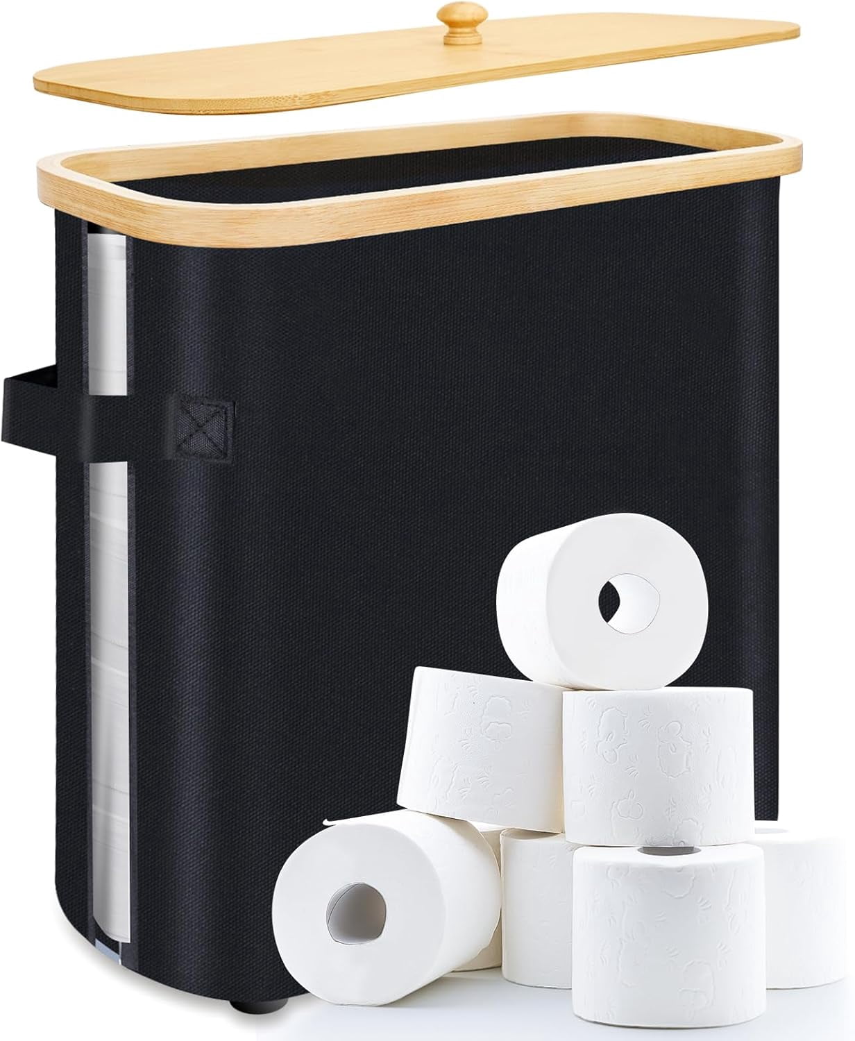 Toilet Paper Storage Basket with Lid & Handle, Bamboo Folding Storage ...
