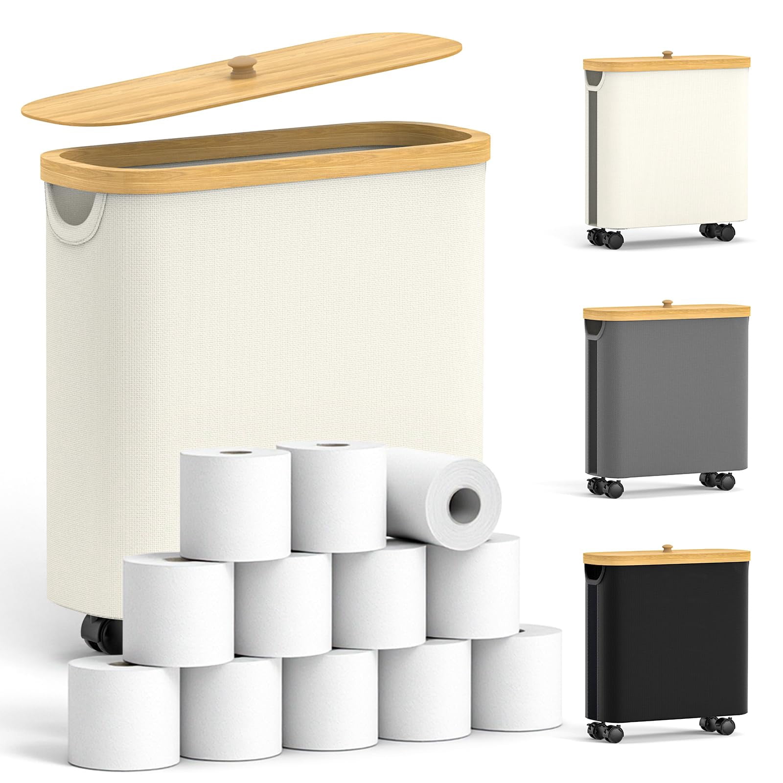 Toilet Paper Storage with Wheel Bamboo Toilet Paper Holder with Lid and ...