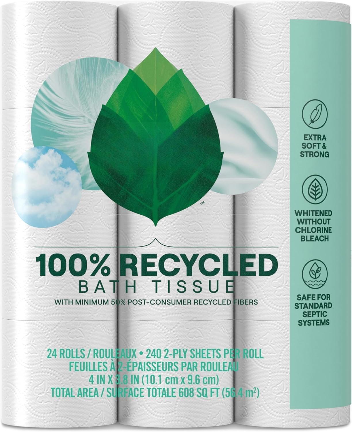 Toilet Paper White Bathroom Tissue 2-ply 100% Recycled Paper without ...