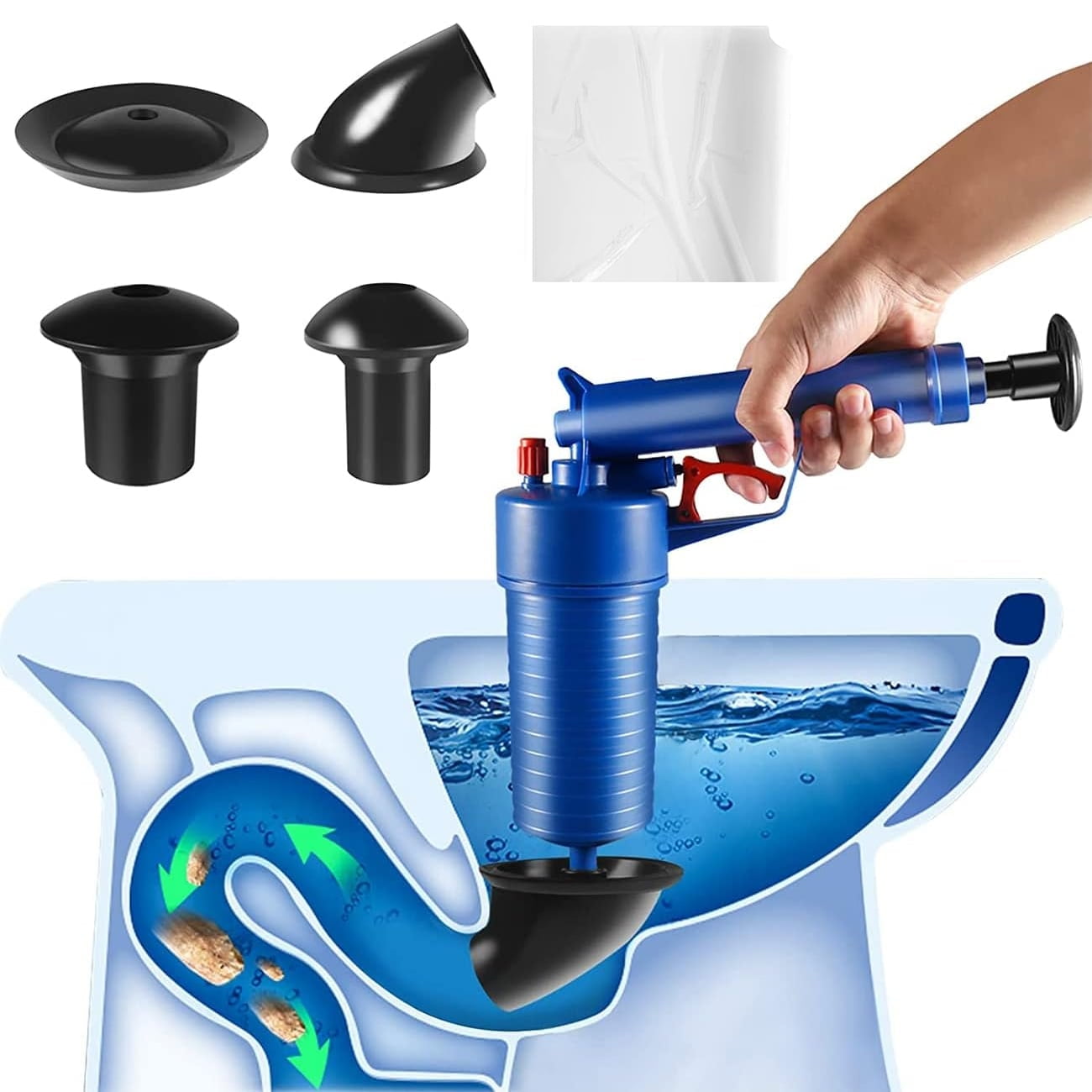 Toilet Plunger Drain Clog Remover with 4 Sized Suckers, High Pressure ...
