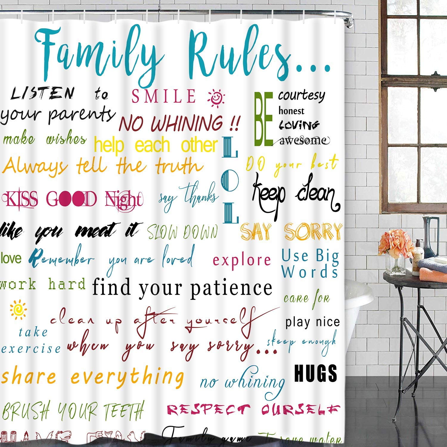 Toilet Rules Shower Curtain|Please Seat Yourself Quote|Vintage Wood ...