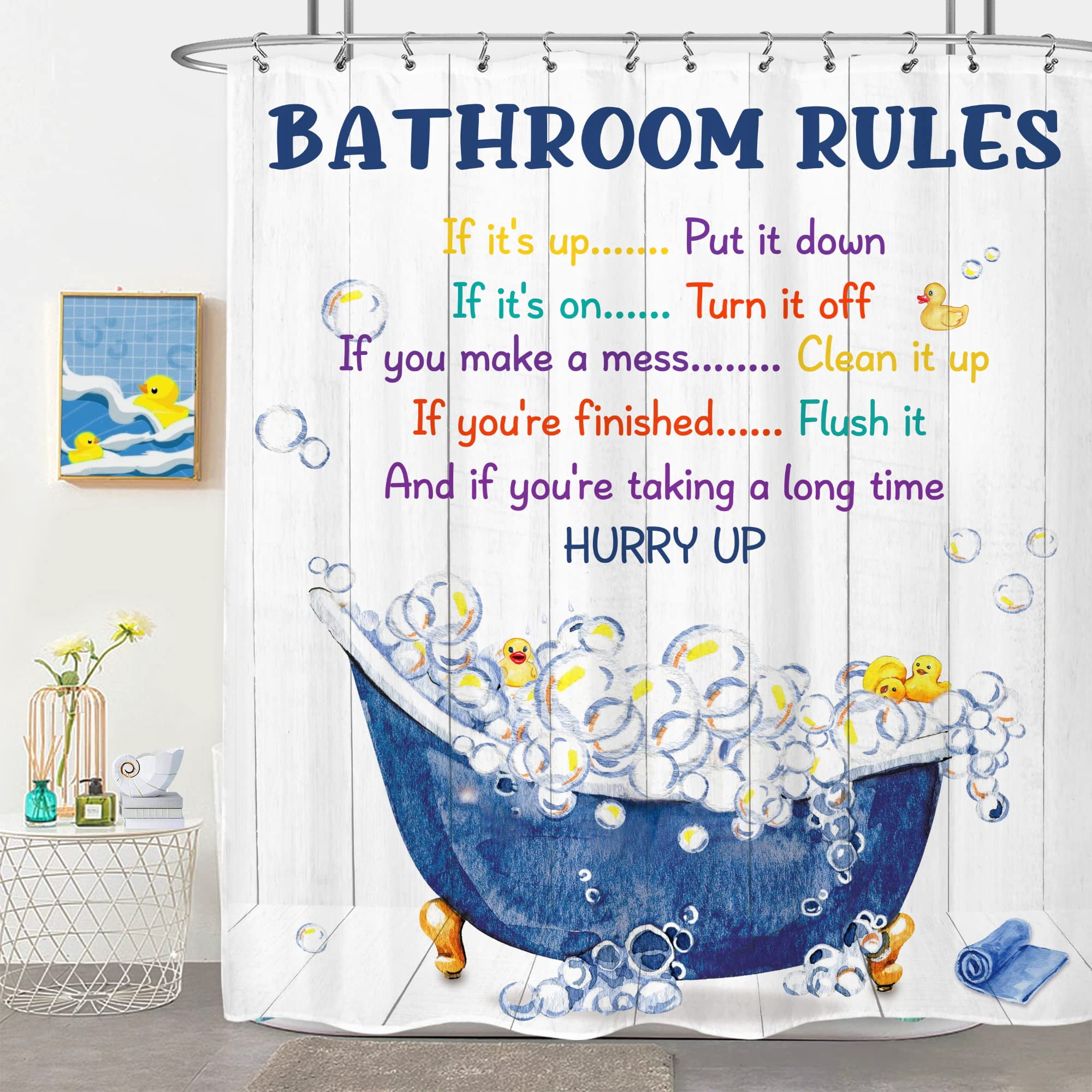 Toilet Rules Shower Curtain|Please Seat Yourself Quote|Vintage Wood ...