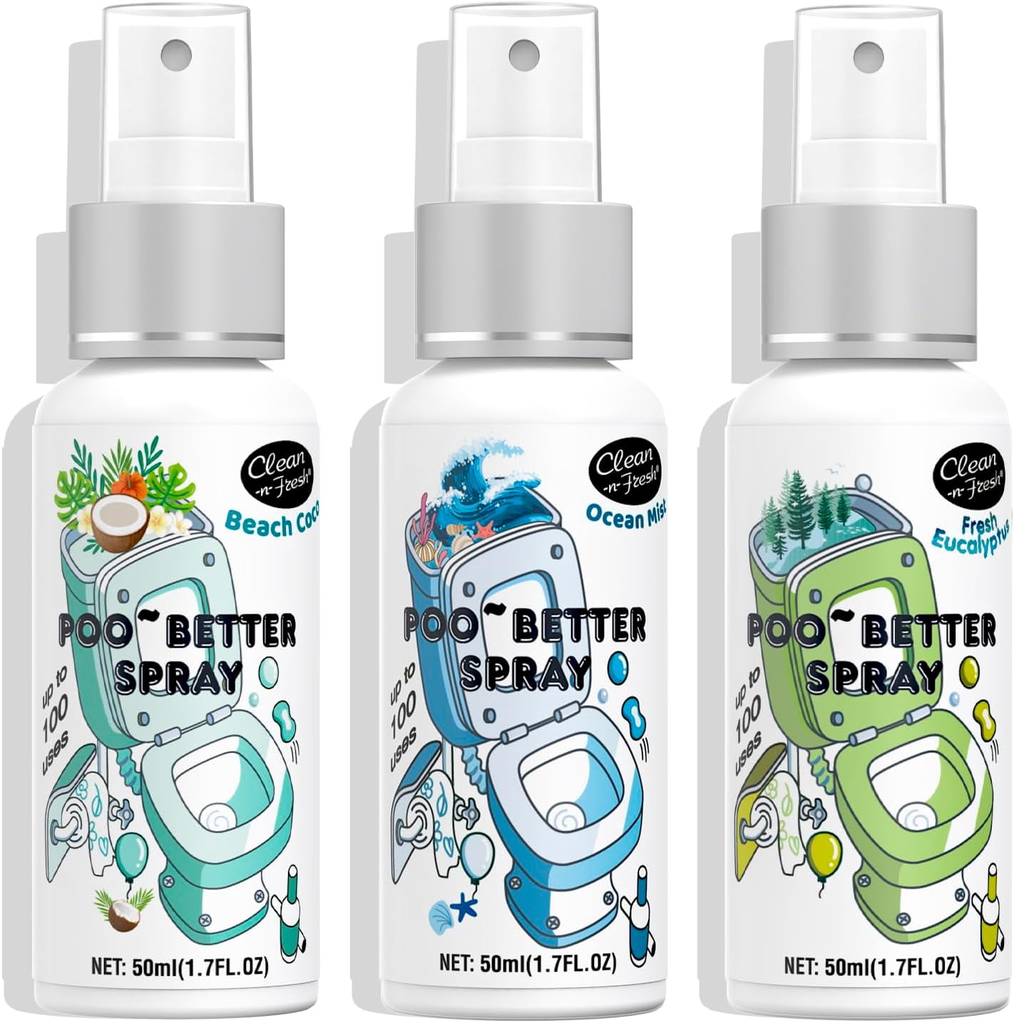 Toilet Spray, Variety 3 Pack - Ocean Mist/Eucalyptus/Beach Coco ...