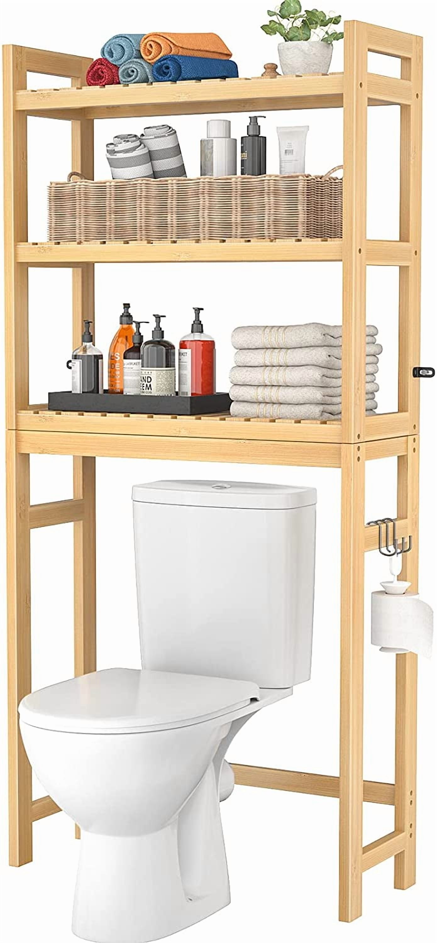 Over The Toilet Storage, 3-Tier Bamboo Bathroom Shelf with 3 Hooks ...