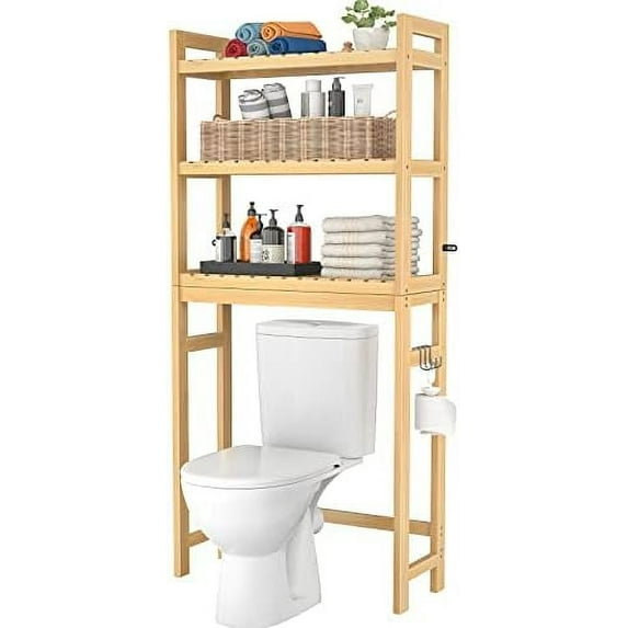 Over The Toilet Storage, 3-Tier Bamboo Bathroom Shelf with 3 Hooks ...