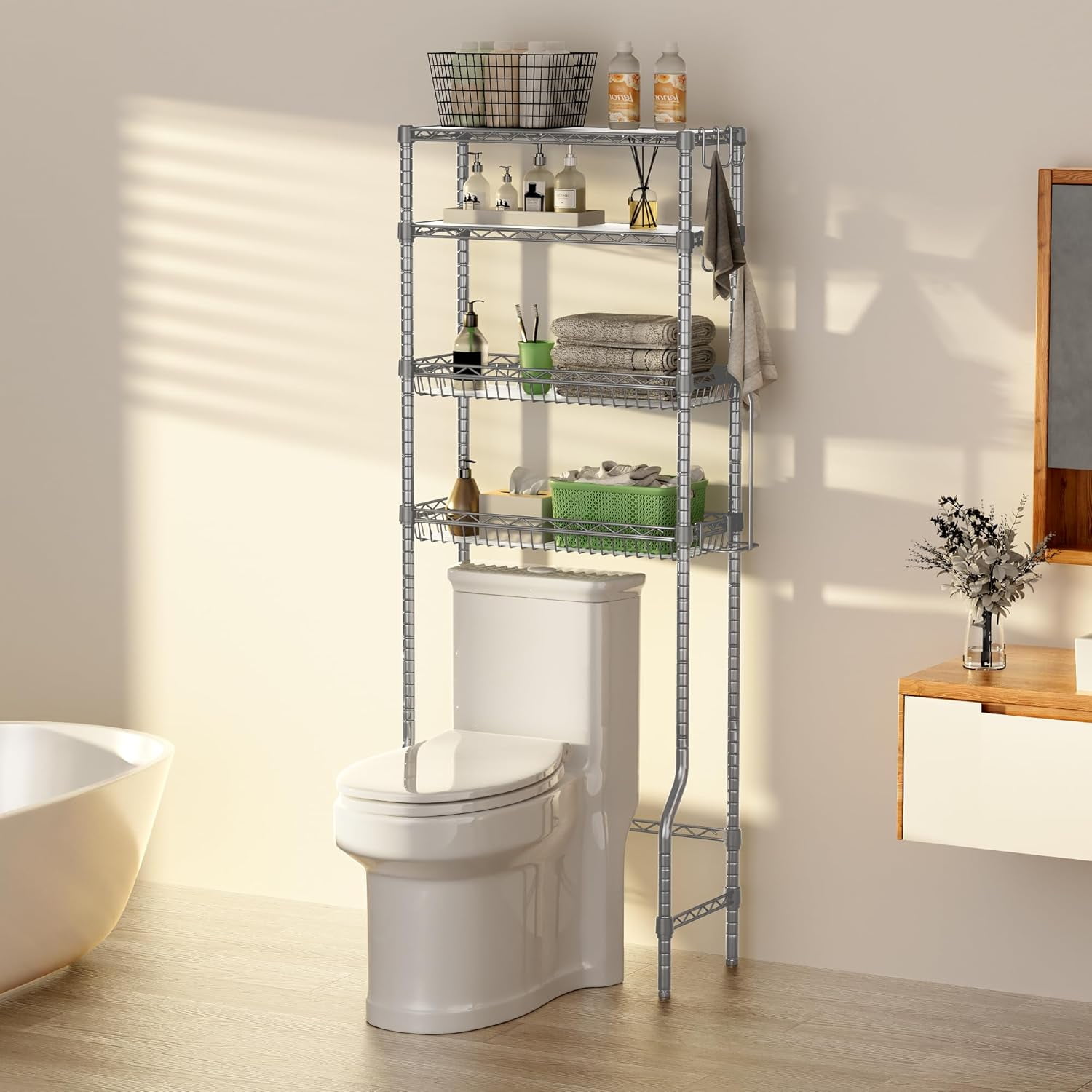 Over The Toilet Storage with 6 Hooks,4-Tier Bathroom Organizers with ...