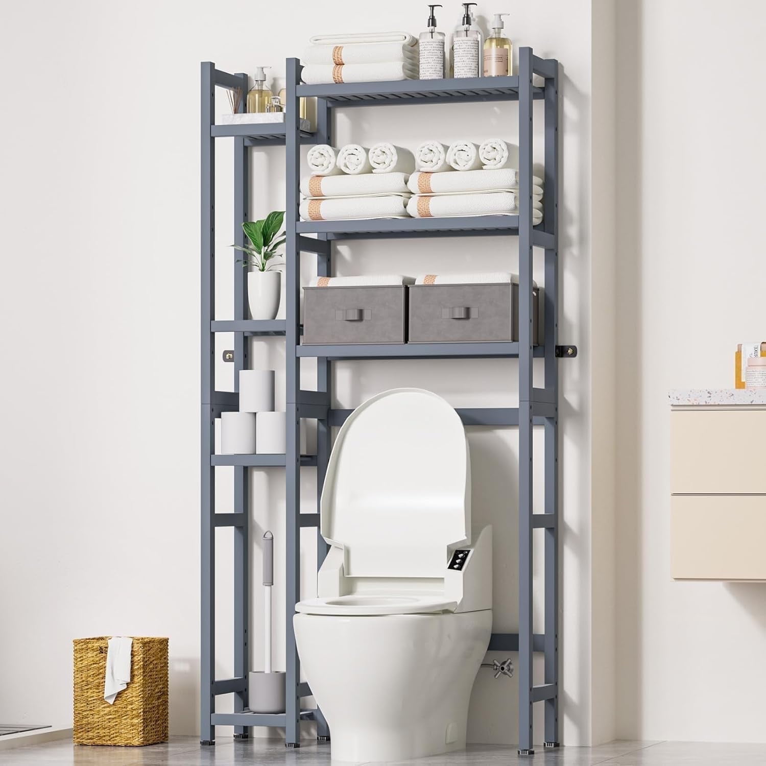 VigorPro Over the Toilet Storage, Bamboo Bathroom Organizer with Basket ...