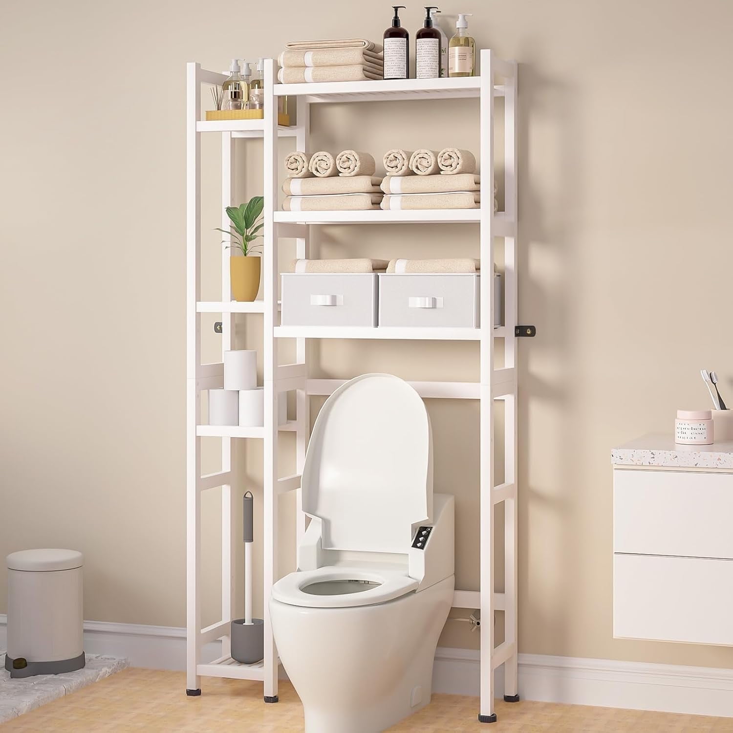 Vigorpro Over The Toilet Storage with Basket and Drawer, Bamboo ...