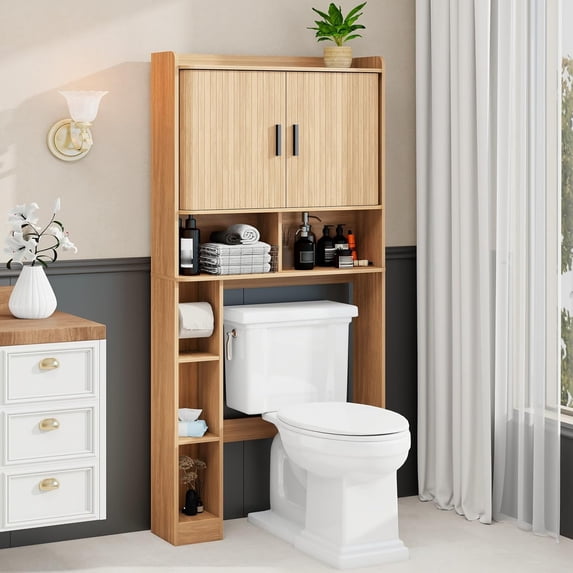 Over The Toilet Storage Cabinet with 2 Tambour Sliding Doors, Oak ...