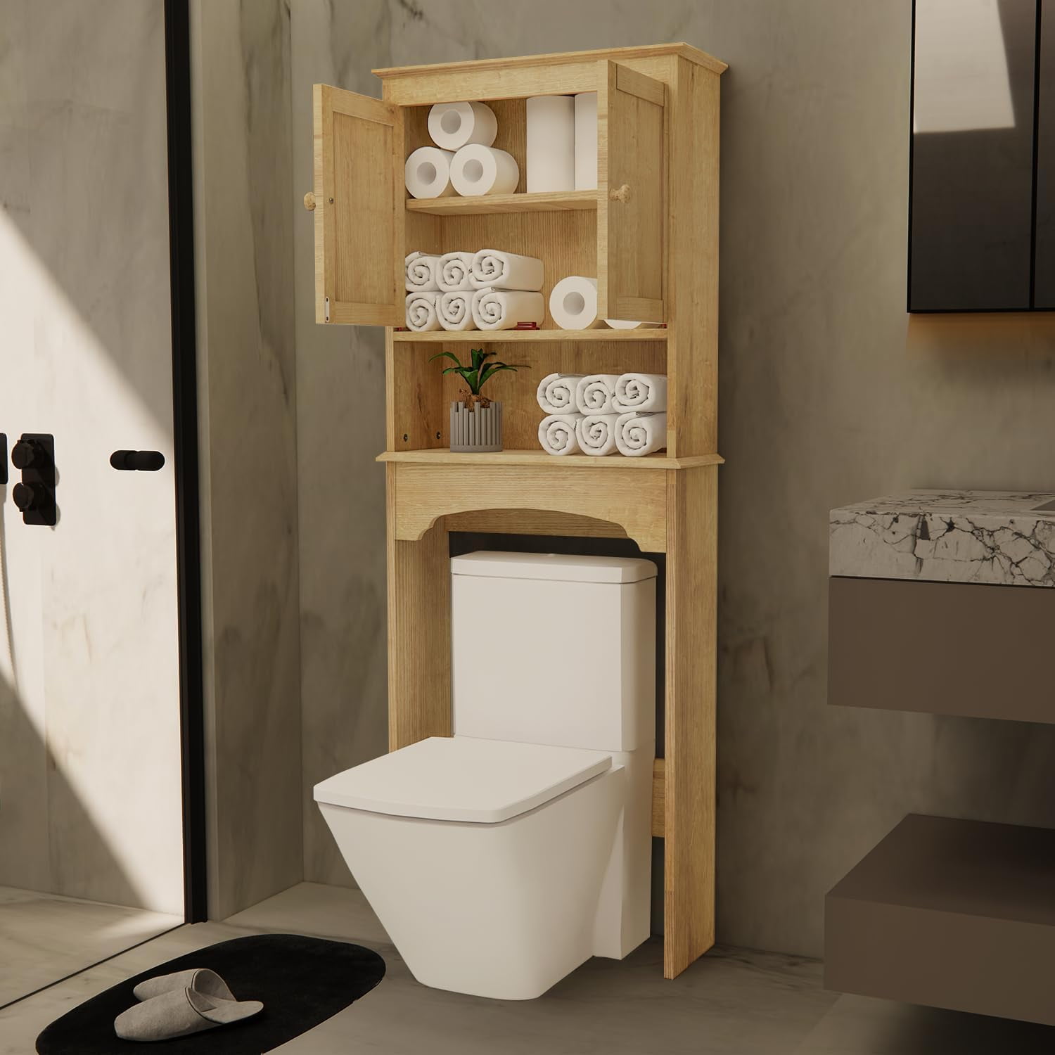 Over The Toilet Storage Cabinet with Adjustable Shelves & Double Doors ...