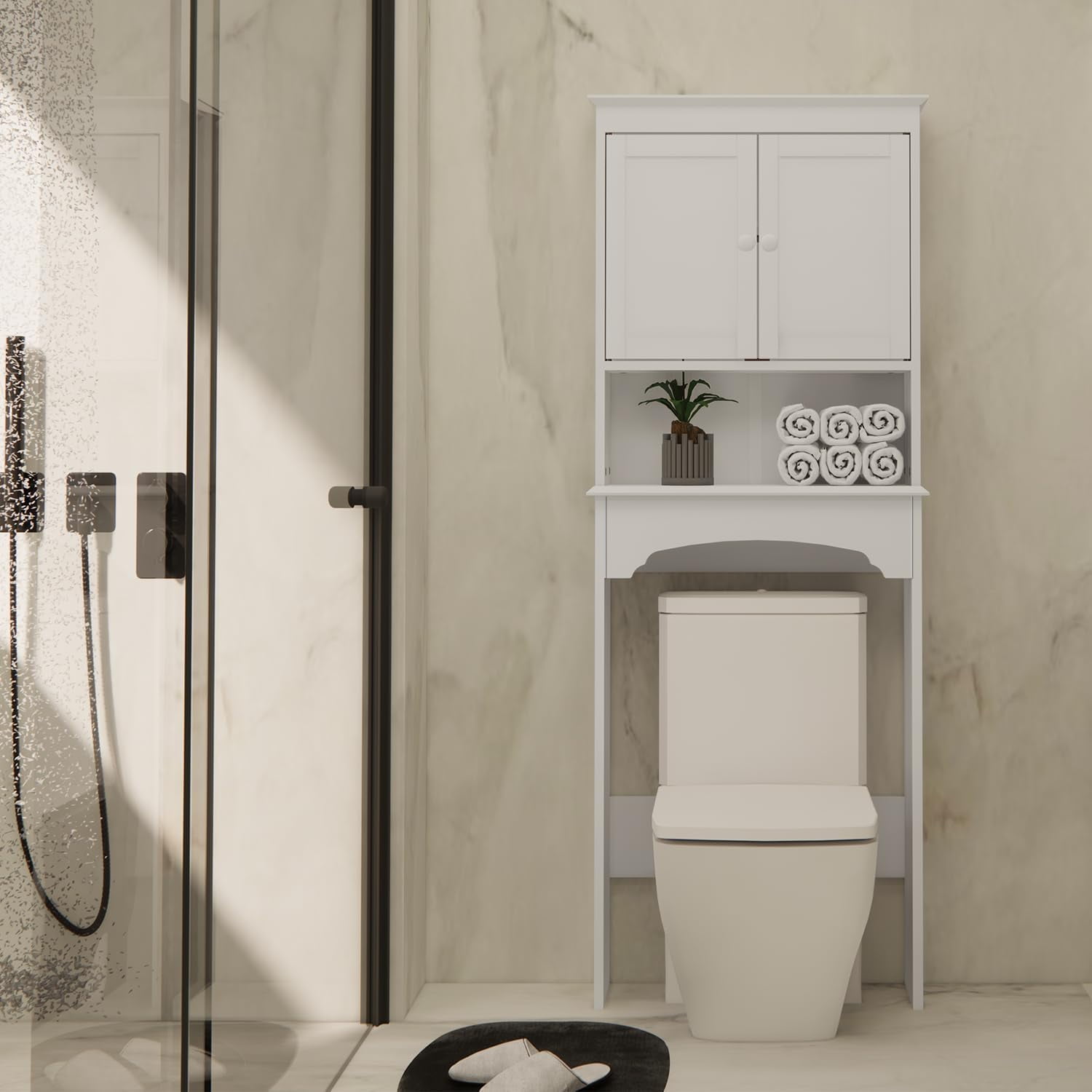 Over The Toilet Storage Cabinet with Adjustable Shelves & Double Doors ...