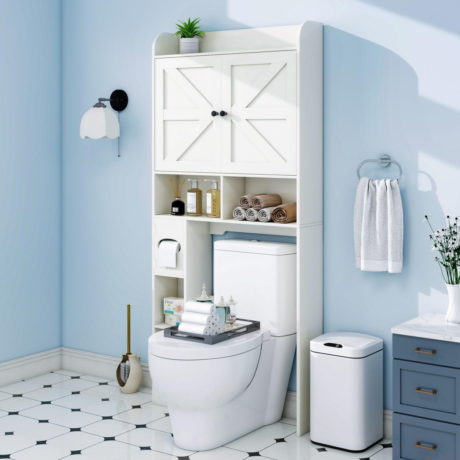 Over The Toilet Storage Cabinet with Barn Doors, Over Toilet Organizers ...