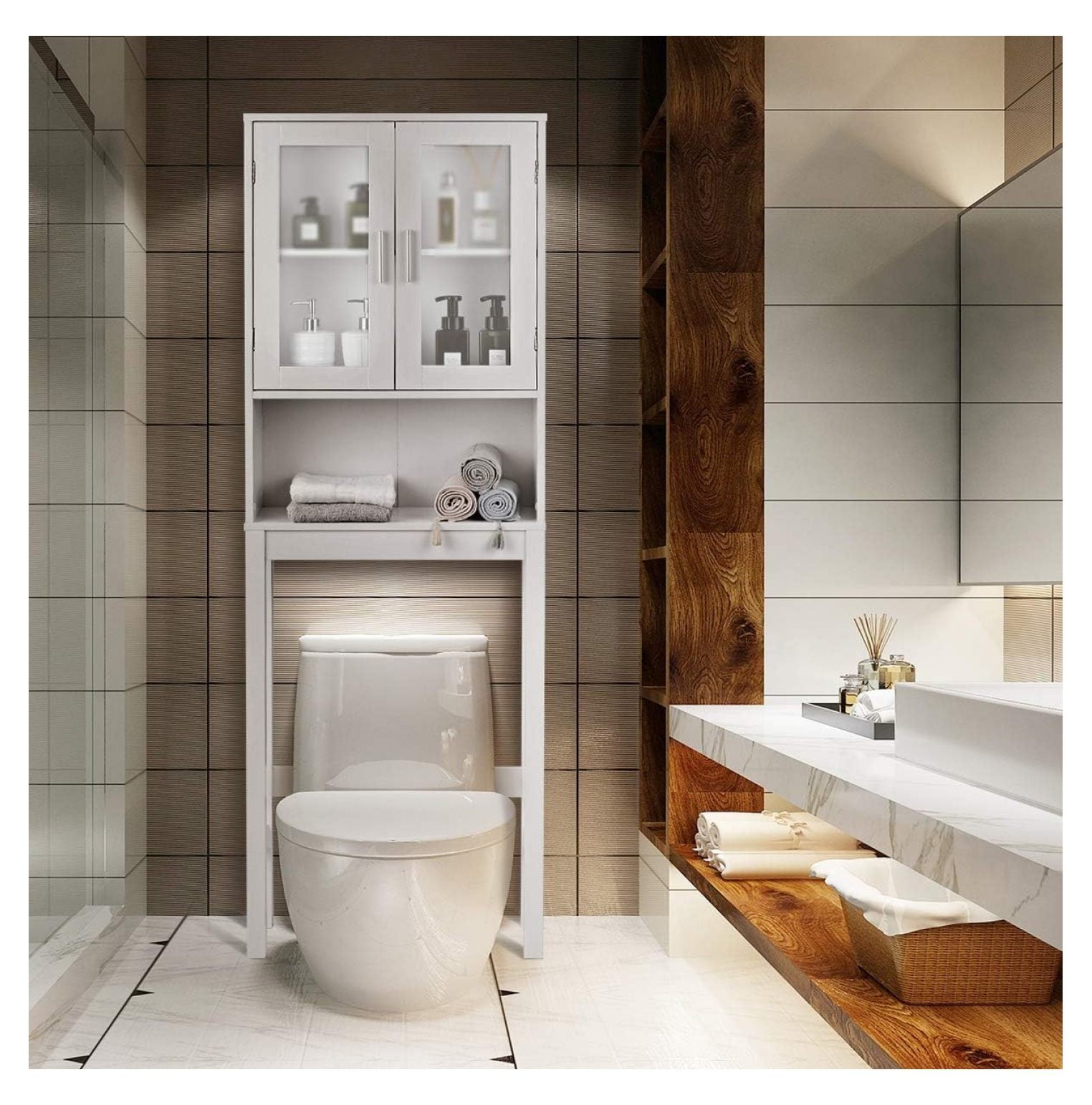 Over The Toilet Storage Cabinet, Bathroom Organizer with Frosted Glass ...