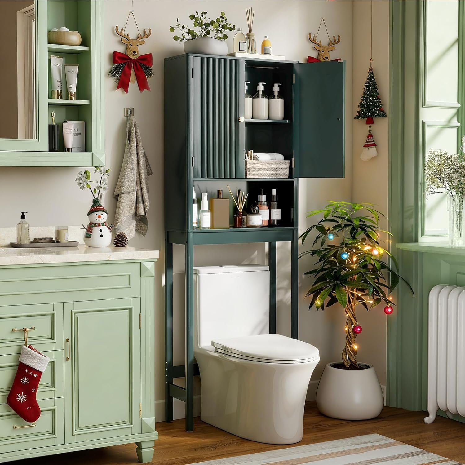 Over The Toilet Storage Cabinet, Bathroom Organizer w/Fluted Doors ...