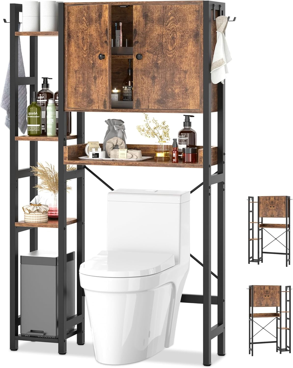 Over The Toilet Storage Cabinet with Doors - 7 Tier Bathroom Organizer ...