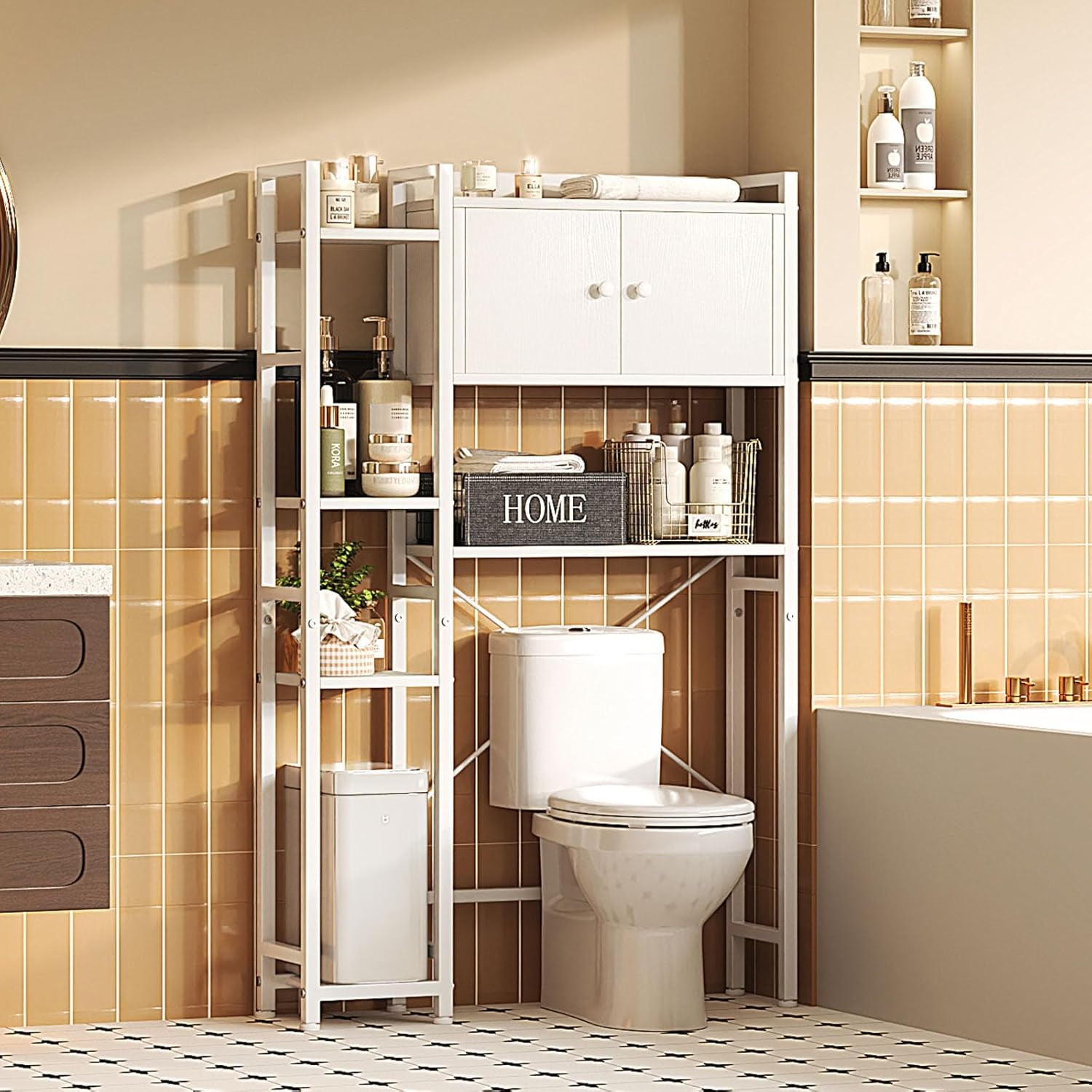 Over The Toilet Storage Cabinet with Doors, 7-Tier Bathroom Organizer ...