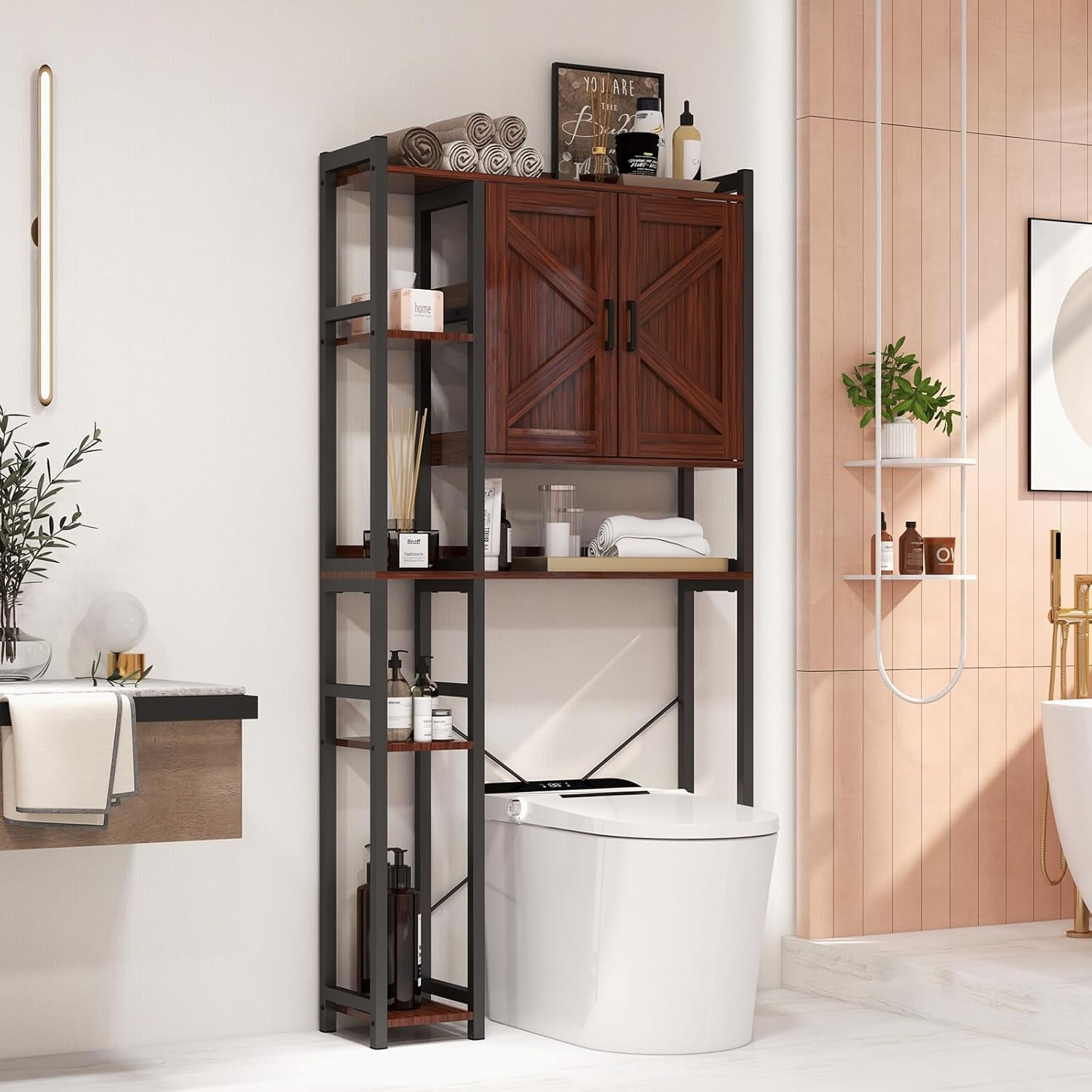 Over The Toilet Storage Cabinet Double Door Bathroom Shelves Organizer ...