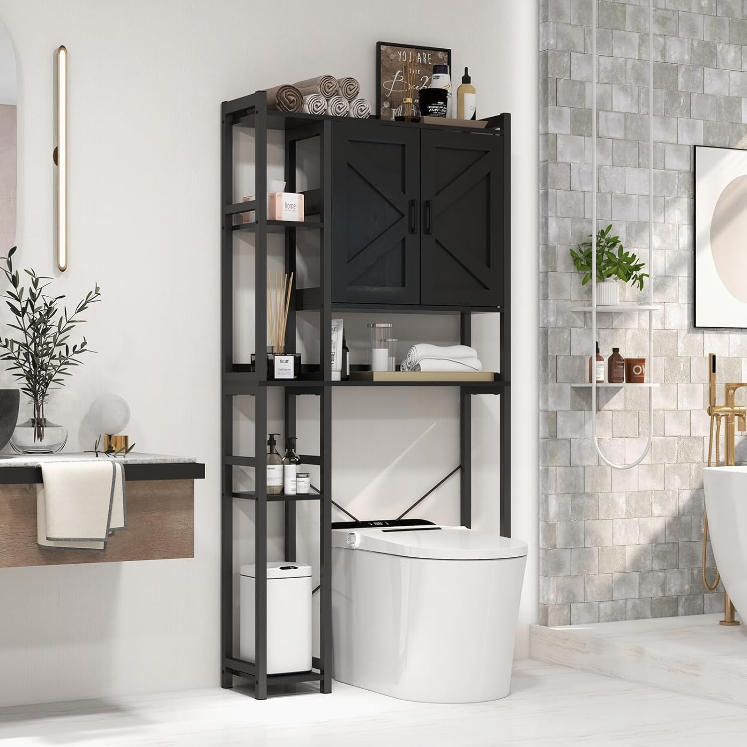 Over The Toilet Storage Cabinet, Double Door Bathroom Shelves Organizer ...