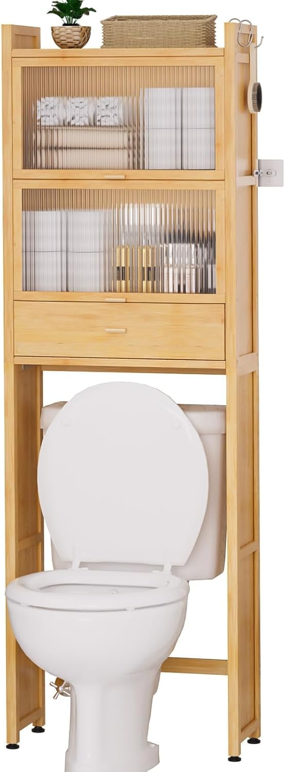 Over The Toilet Storage Cabinet with Drawer and Flip Door Bamboo ...