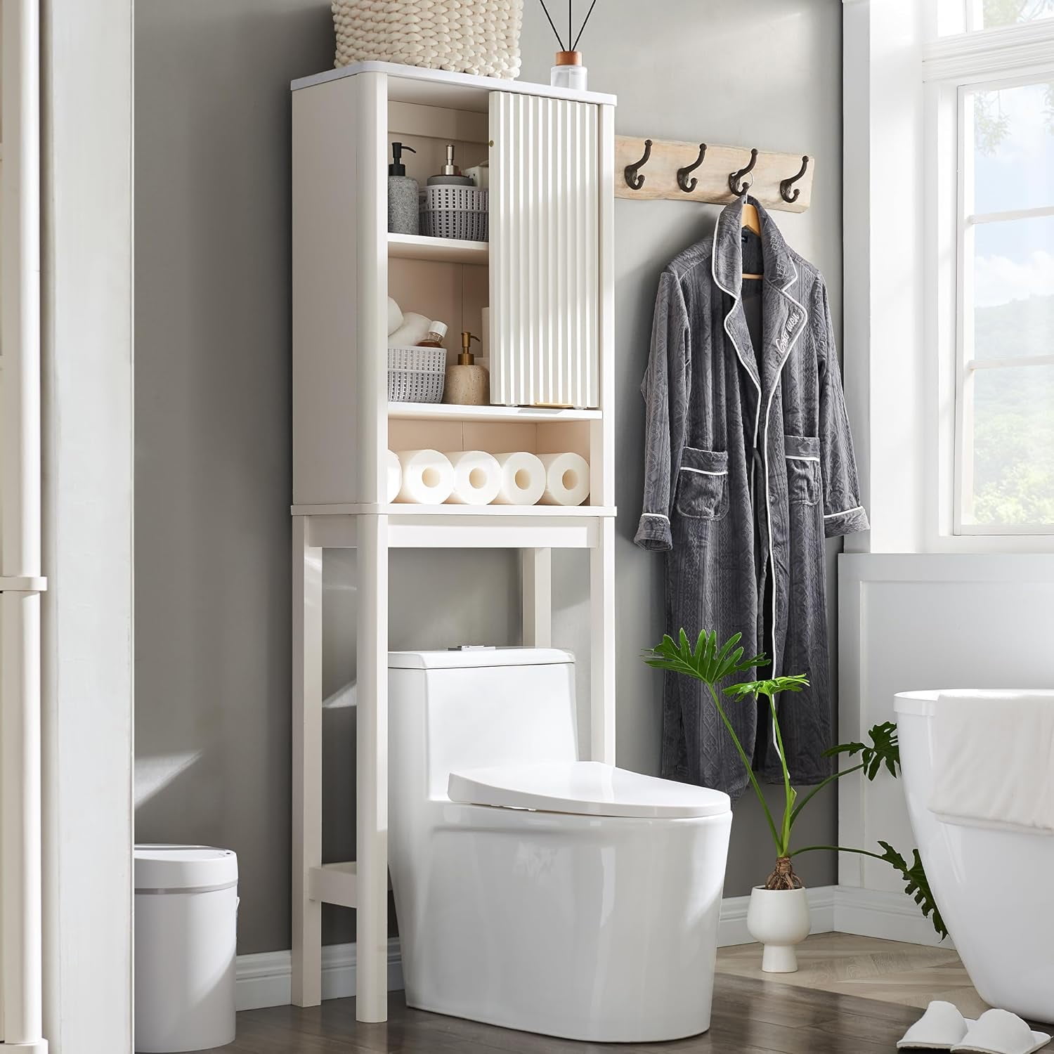 Over The Toilet Storage Cabinet with Fluted Sliding Door, 68" Tall Wood ...