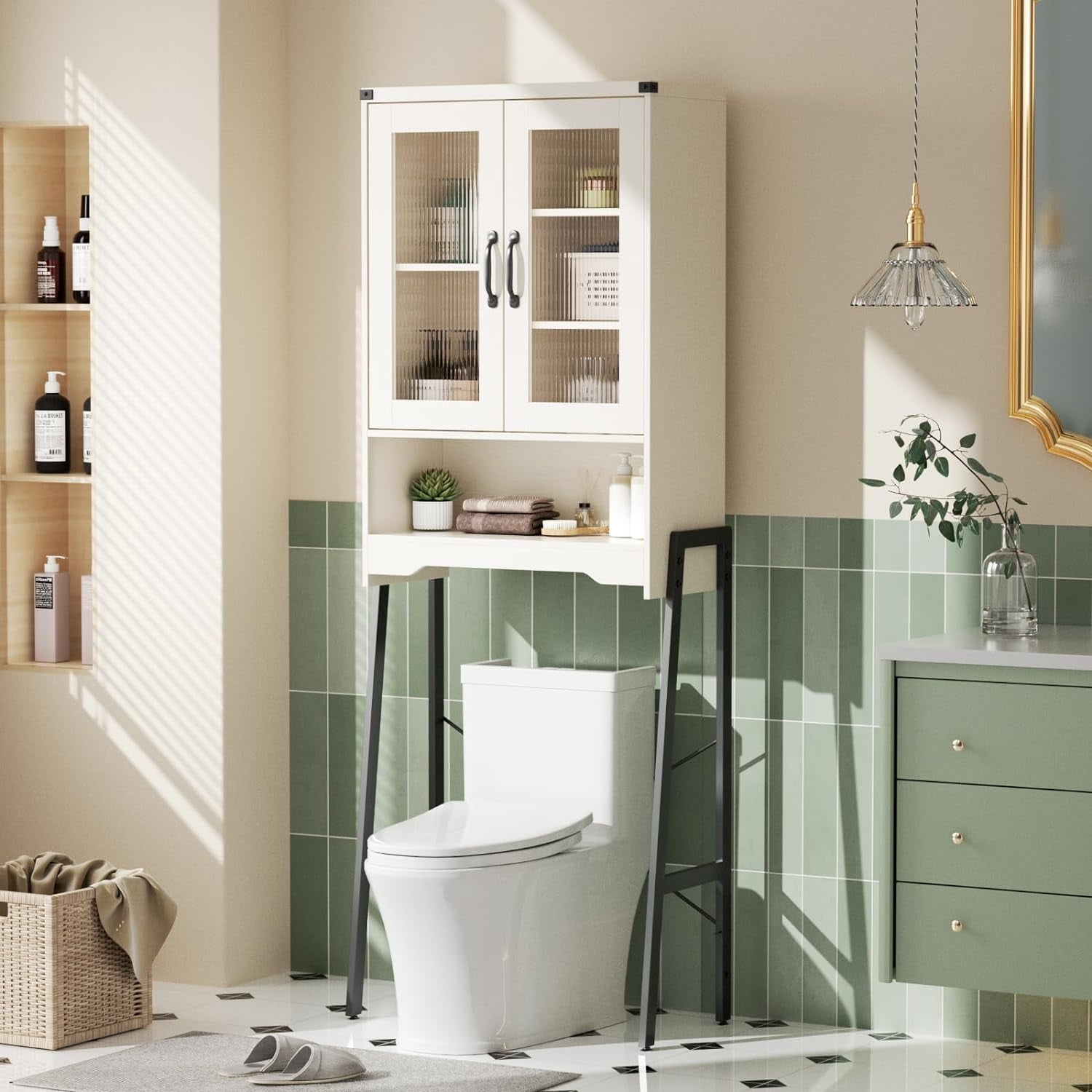 Over The Toilet Storage Cabinet with Tempered Glass Doors & Adjustable ...