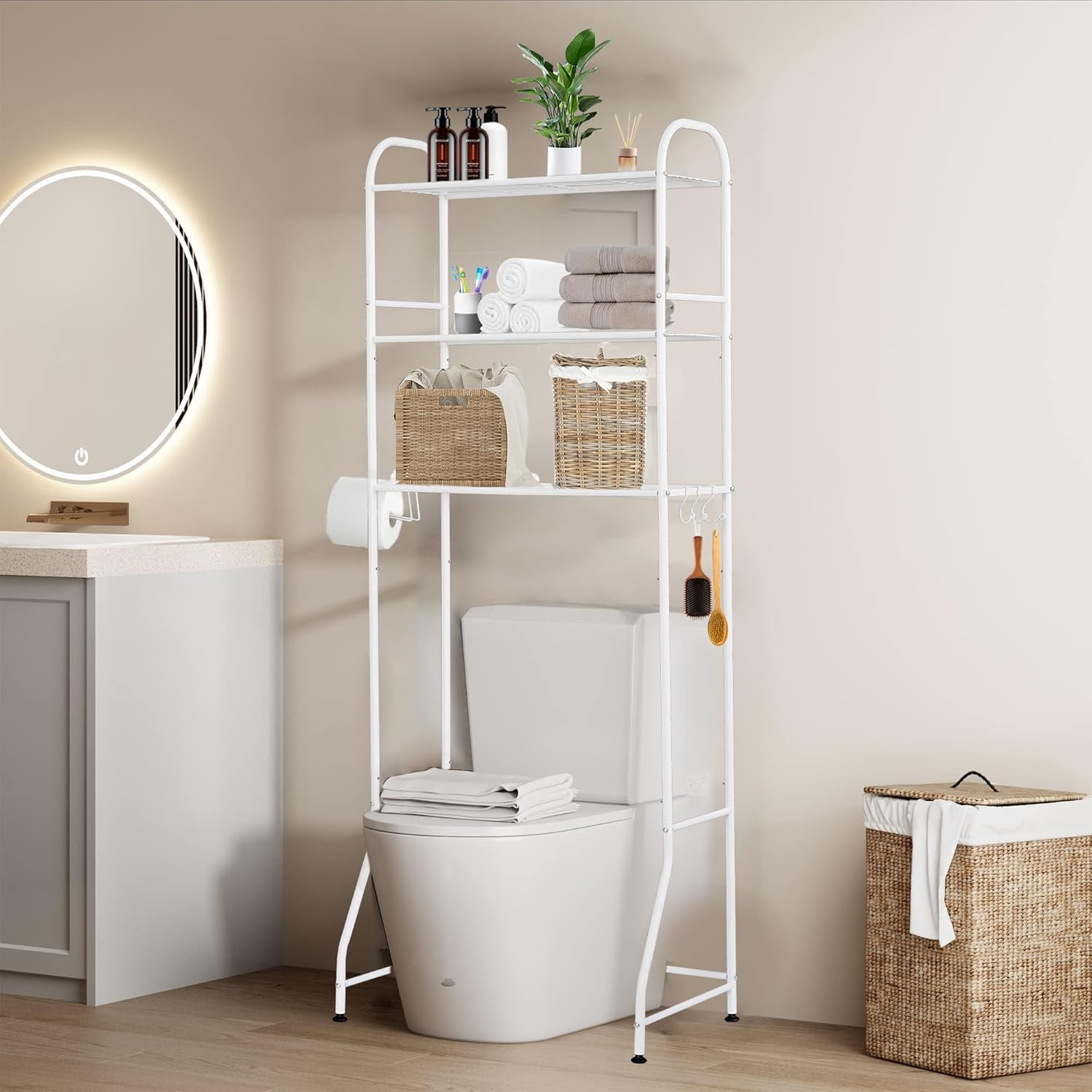 Over The Toilet Storage Rack, 3-Tier White Metal Shelf with 3-Hooks and ...