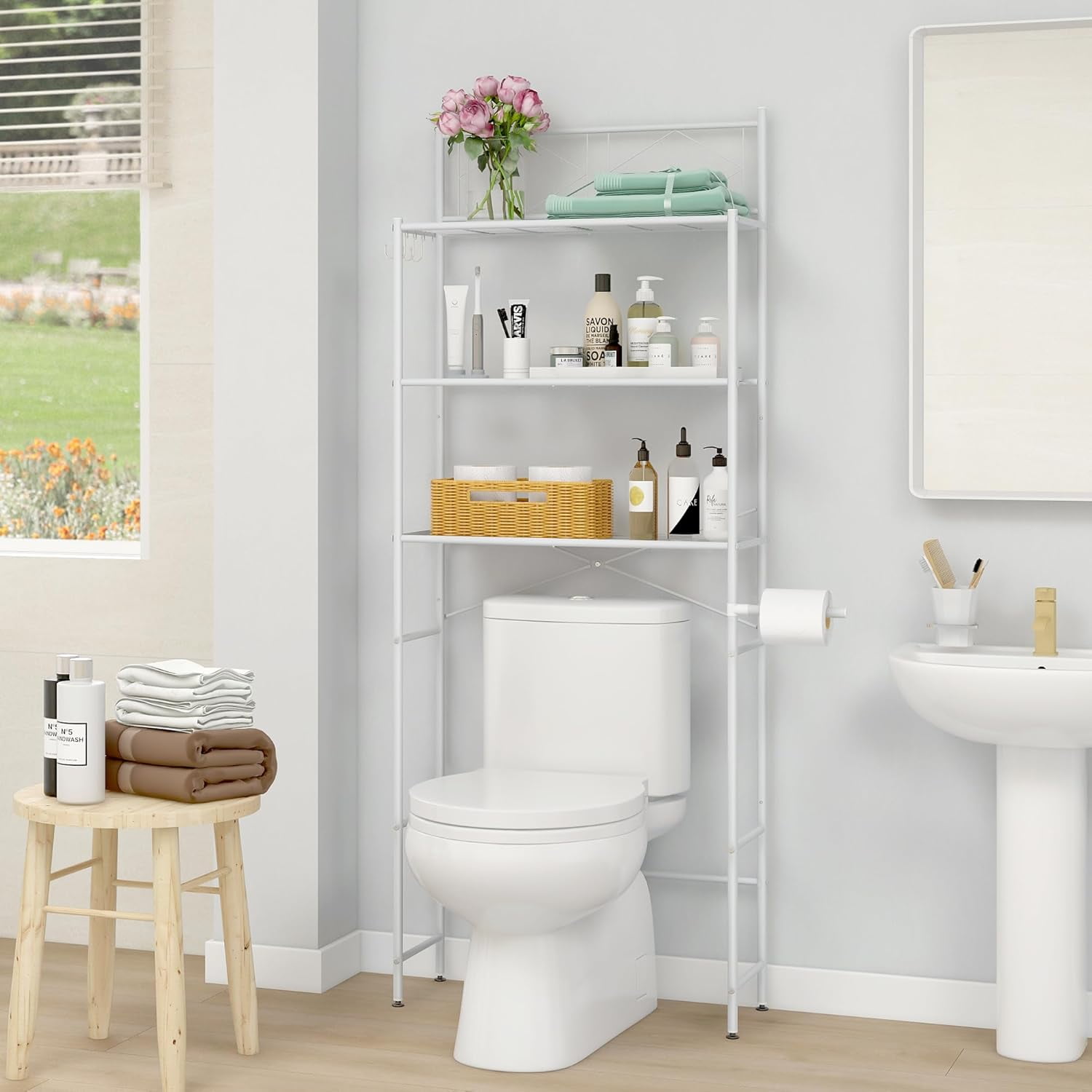 Toilet Storage Rack with X-Shaped Bar, 3 -Tier Over-The-Toilet Bathroom ...