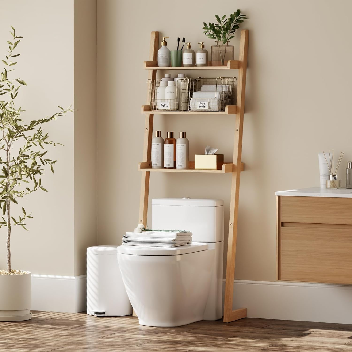 Over The Toilet Storage Shelf Wood, 3-Tier Above Toilet Organizer Rack ...