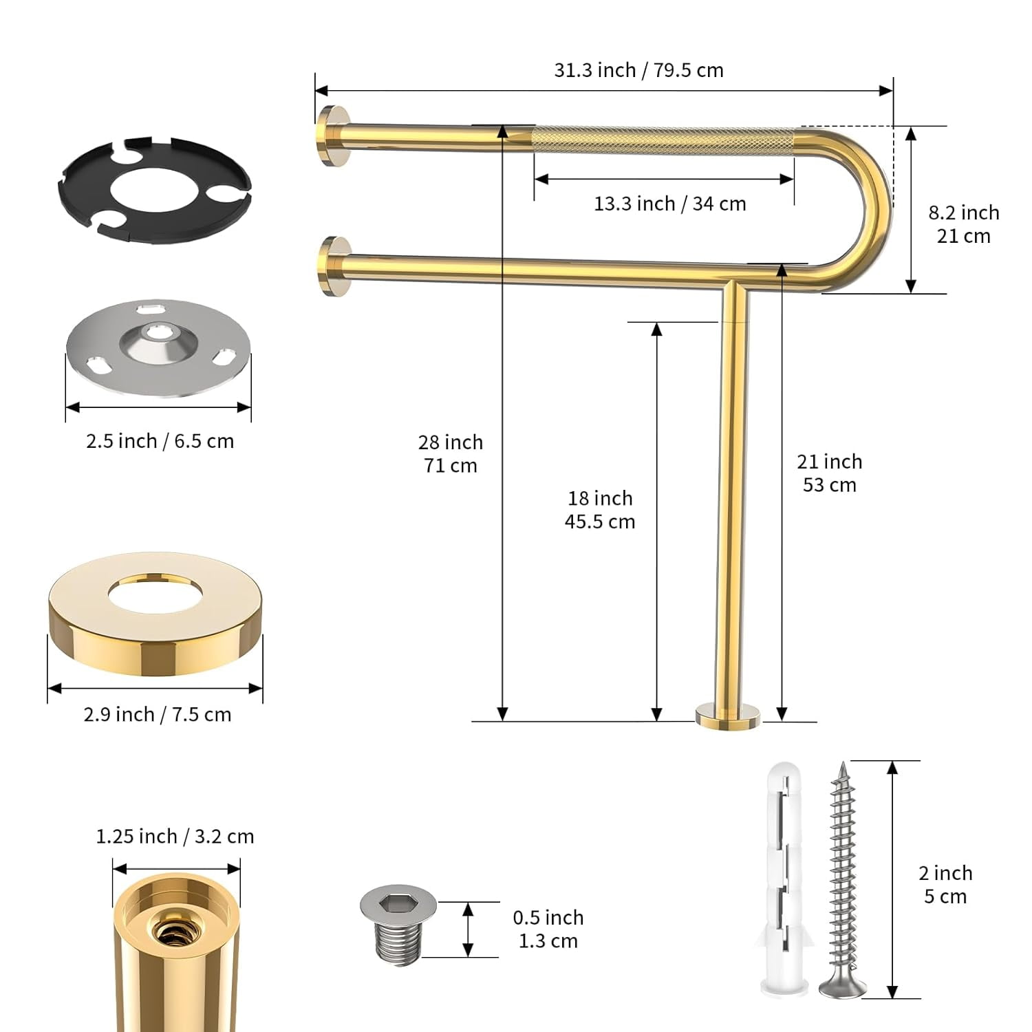 Toilet Support Rail 31.3X 31.5 Inch, Anti-Slip Gold Grab for Bathroom ...