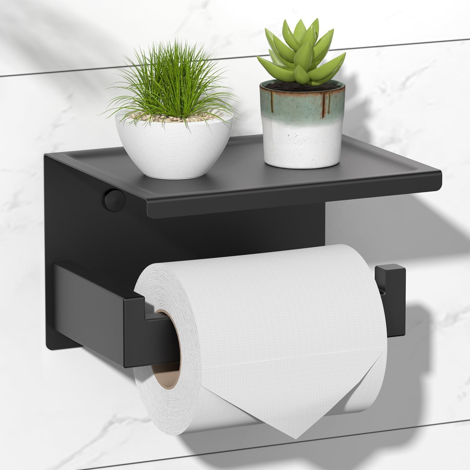 Toilet paper holder with shelf, stick-on matte black toilet paper roll ...