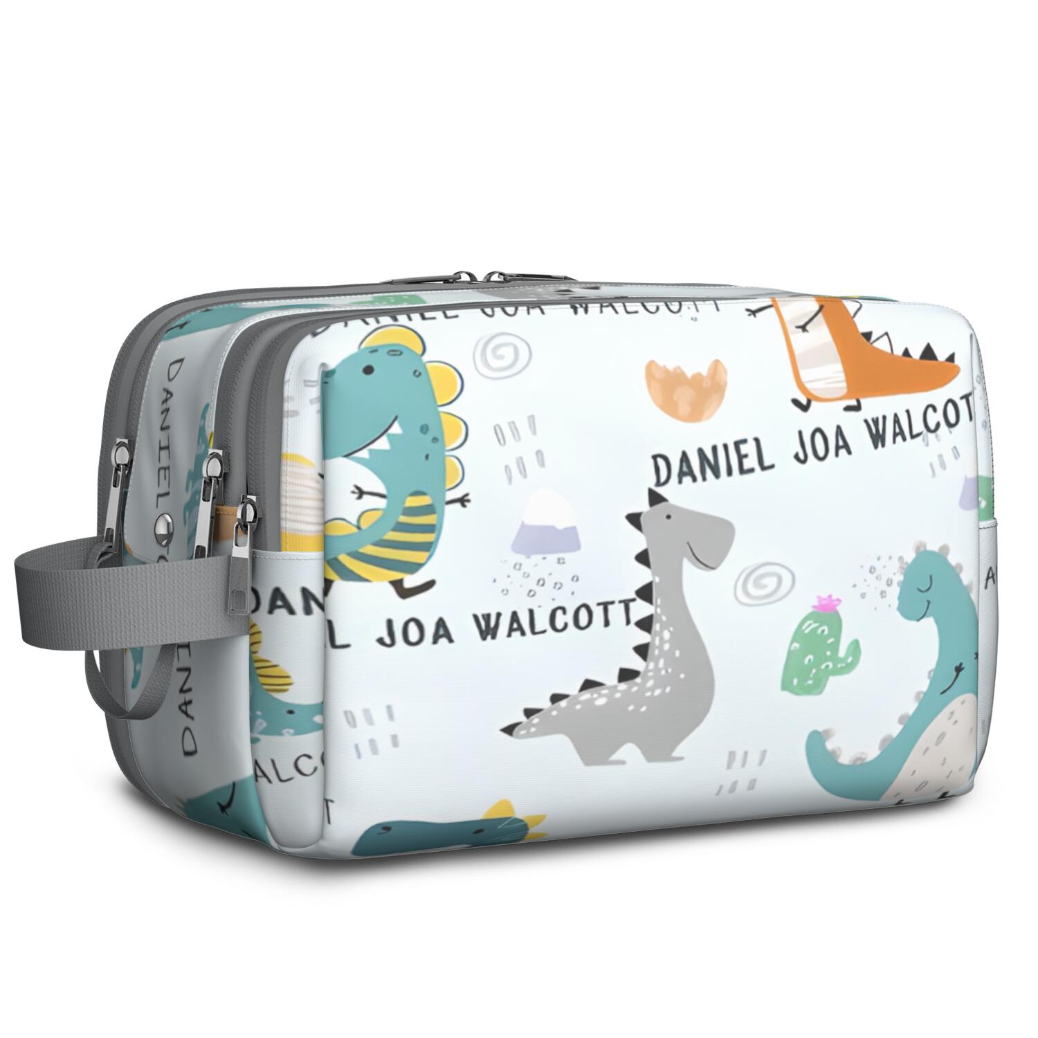 Toiletries Bag,LightBlue Cartoon Dinosaurs Name Pattern Mens Womens ...