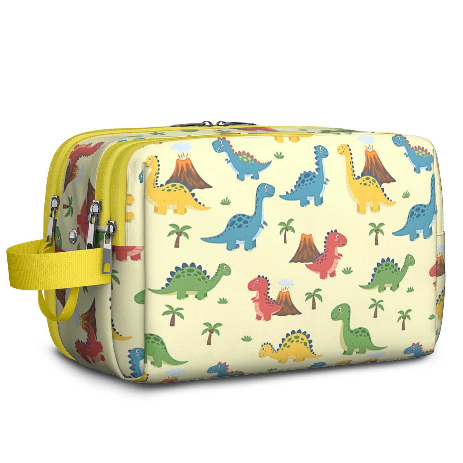 Toiletries Bag,LightYellow Cartoon Dinosaurs Volcanoes Palm Trees ...