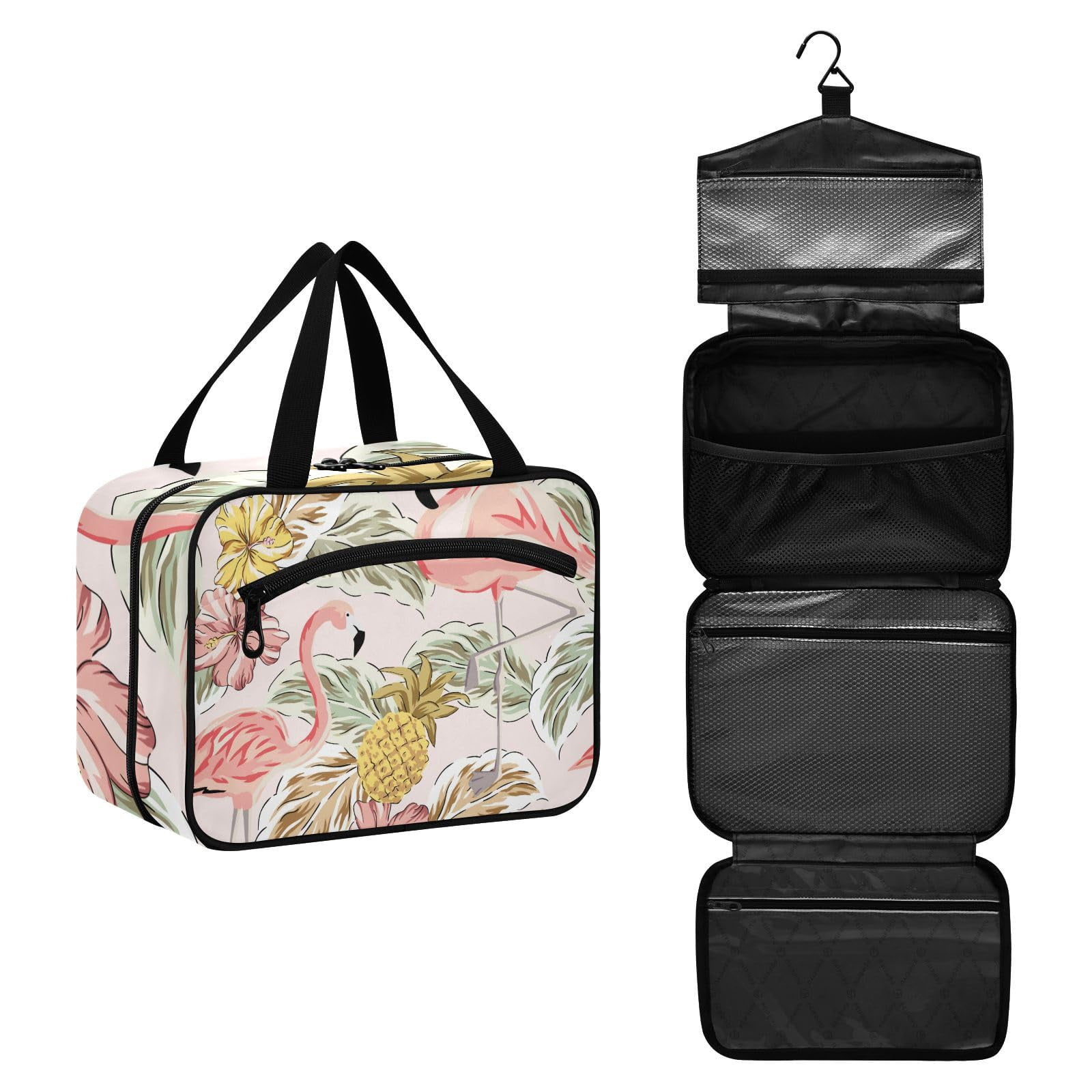 Toiletry Bag Travel Bag with Hanging Hook Tropical Flamingos Pineapples ...