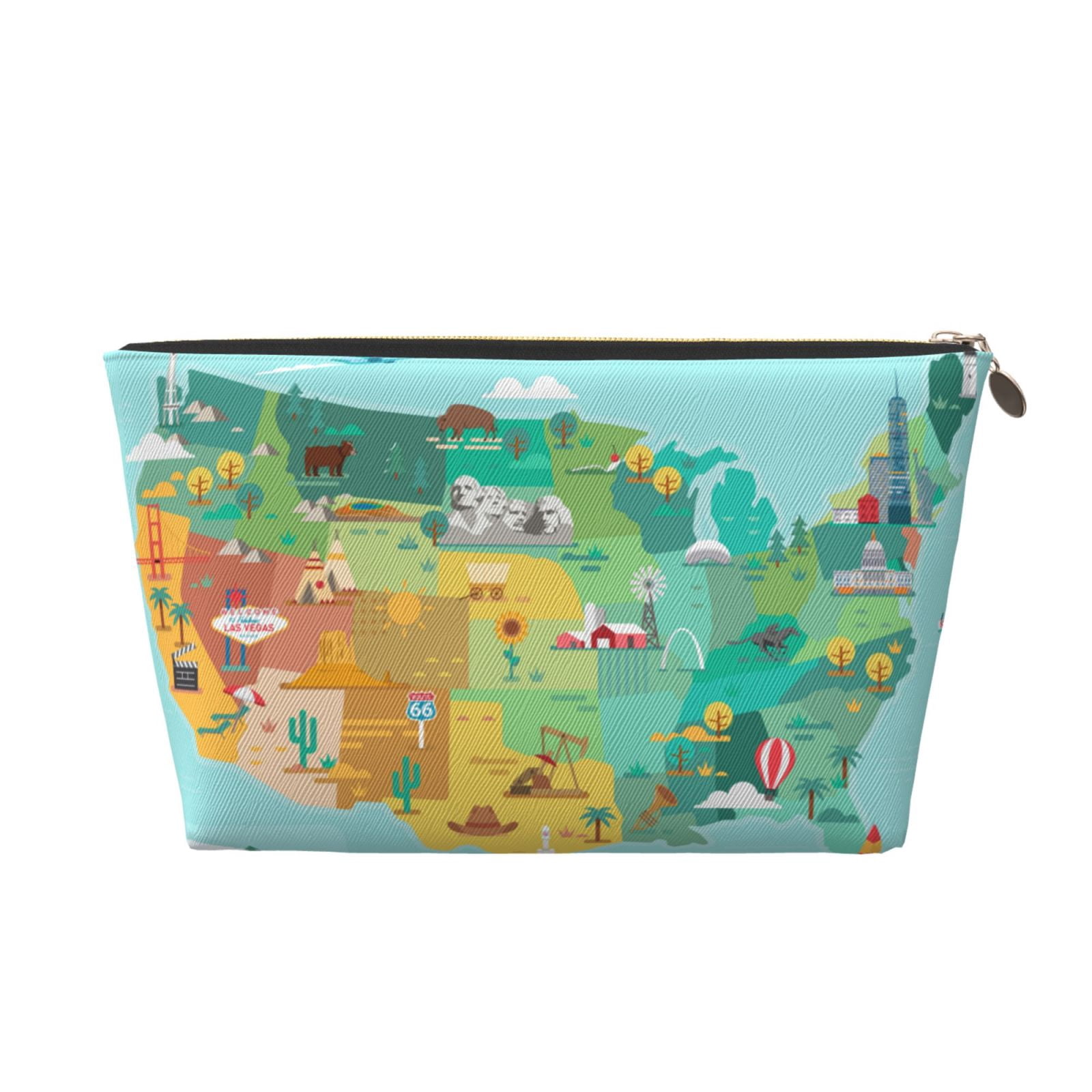 Toiletry Bag, USA Tourist Map Famous Landmarks Leather Waterproof ...