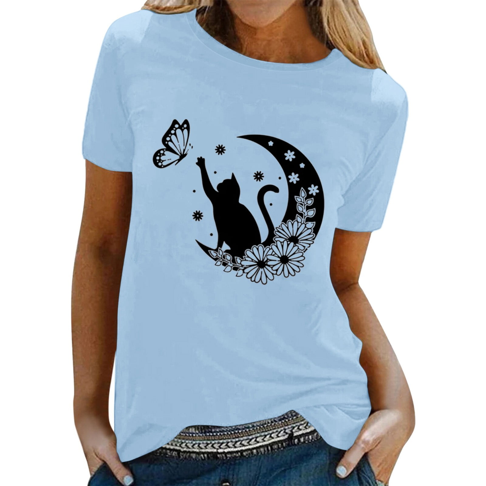 Toimothcn Womens Tee Shirts Cute Cartoon Cat Printed T-Shirts For Women ...