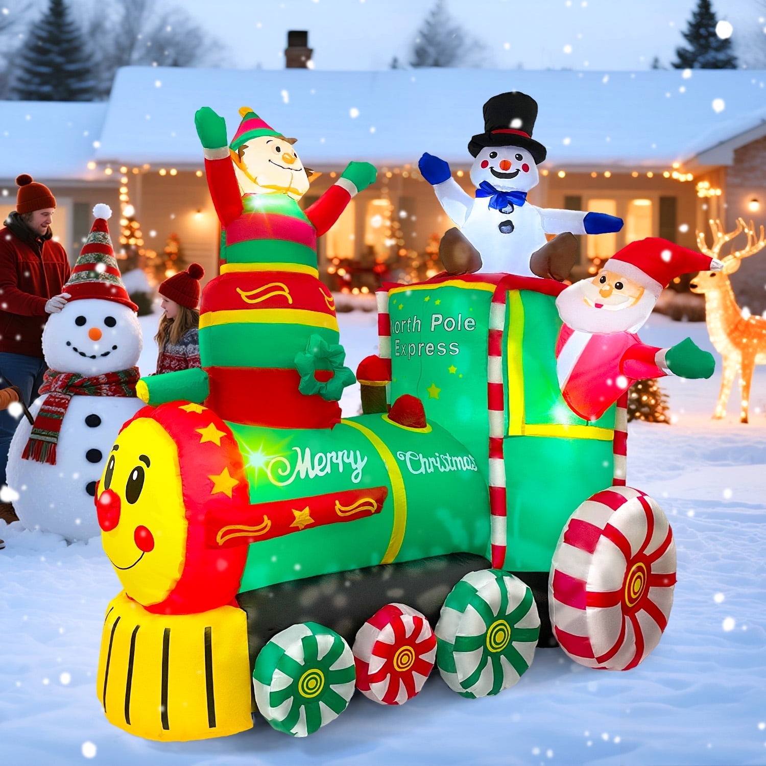 Toiyjofe 6FT Christmas Inflatable Train with Santa, Snowman & LED ...