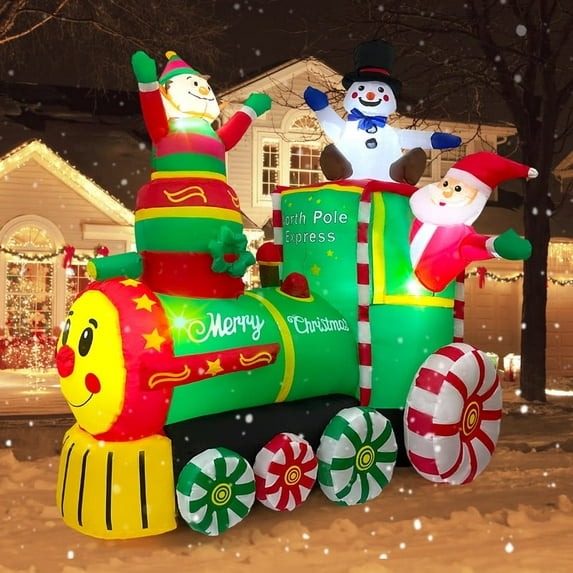 Toiyjofe 6FT Light-Up Christmas Inflatable Train with Santa and Snowman ...
