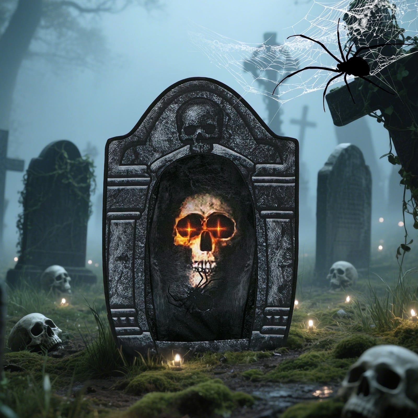 Toiyjofe 41 inch Halloween Tombstone with Skull and Spider, Battery ...