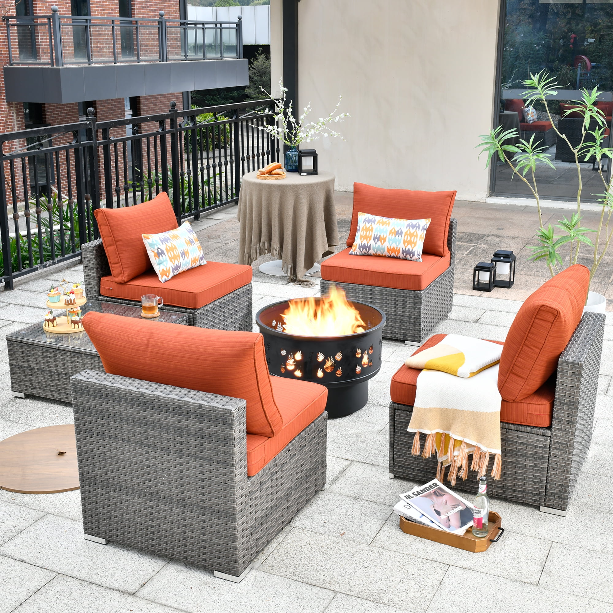 Toject 6 Pieces Patio Fire Pit Set Outdoor All Weather Wicker ...