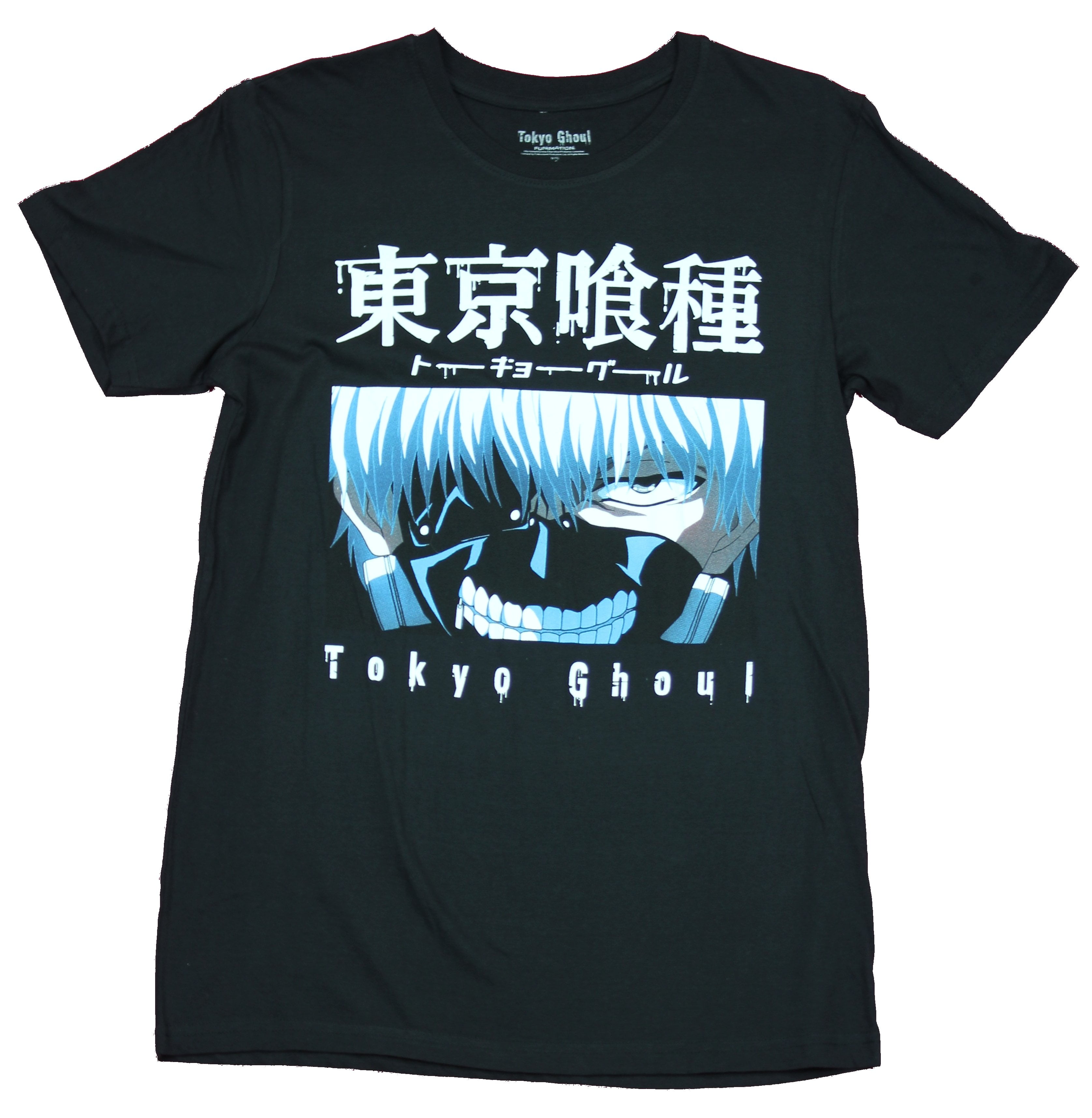 Tokyo Ghoul Mens T-Shirt - Smiling Ghoul Face Under Kanji Title (X ...