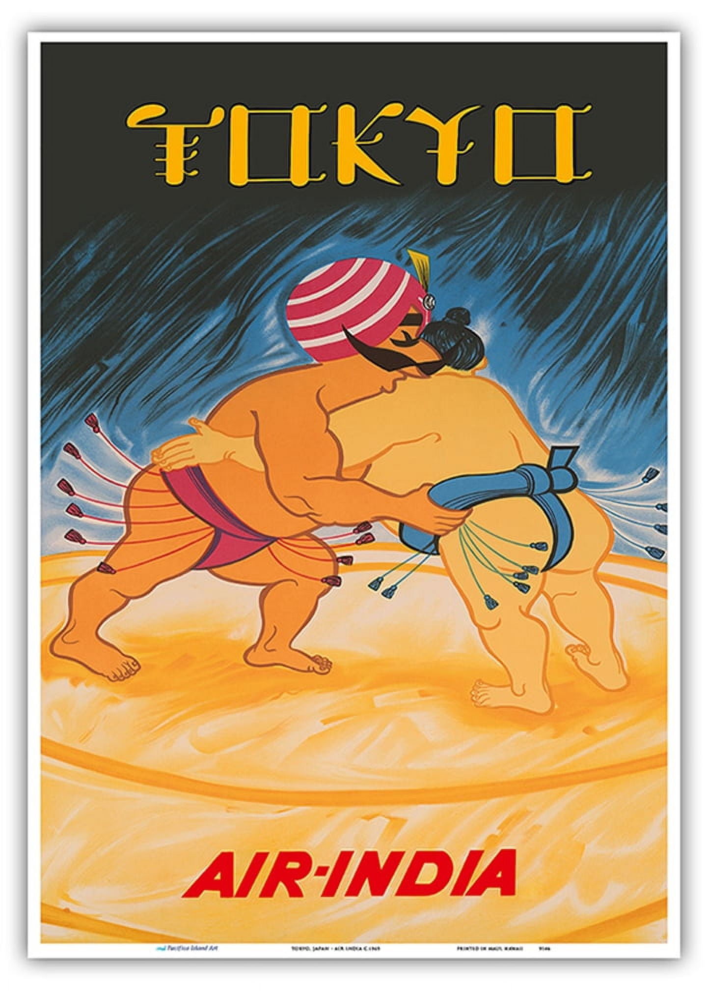 Tokyo Japan - Air India - Maharajah vs Japanese Sumo Wrestler - Vintage Airline Travel Poster by ...