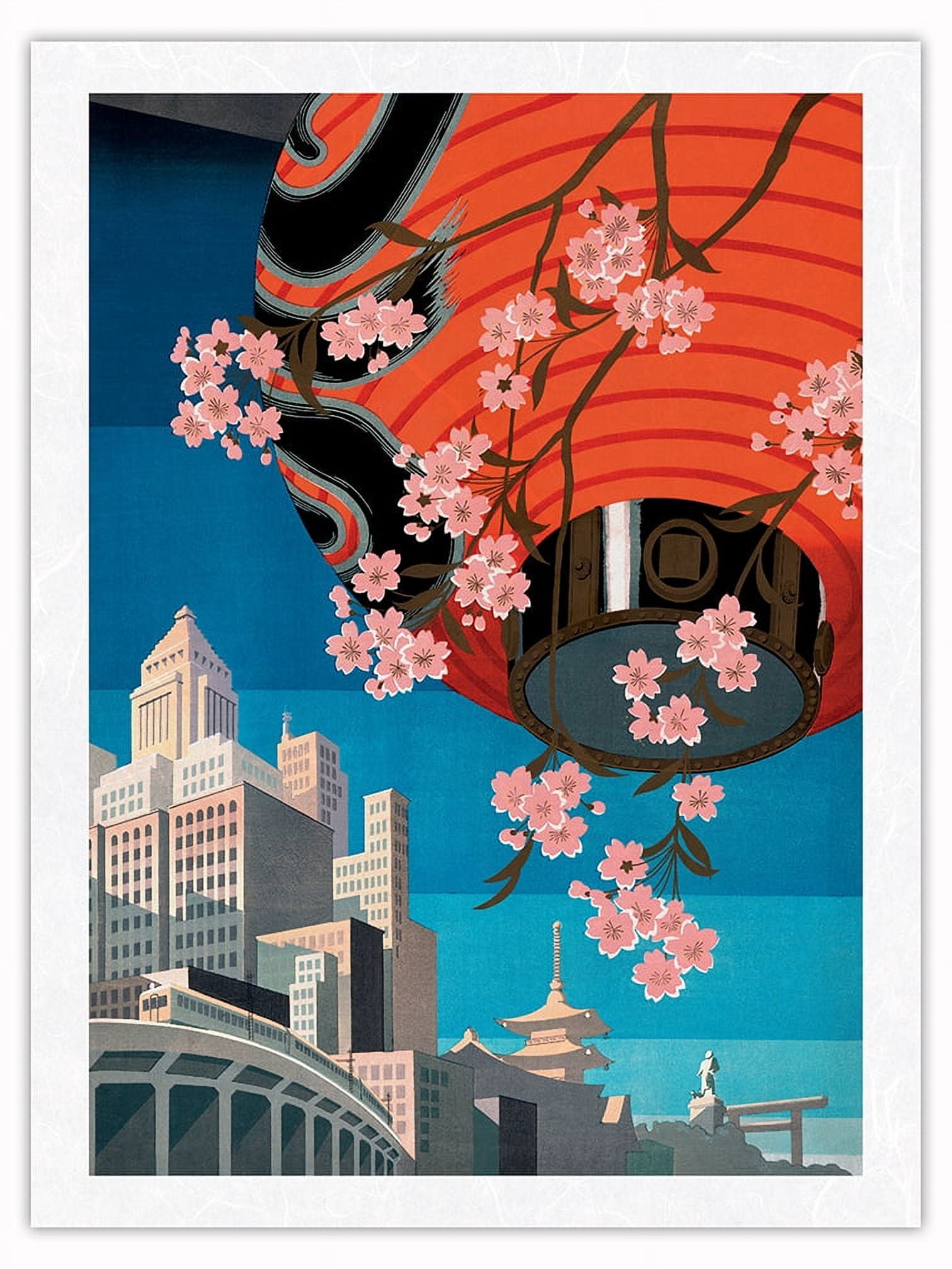 Tokyo Japan - Red Paper Lantern with Cherry Blossoms - Vintage Travel ...