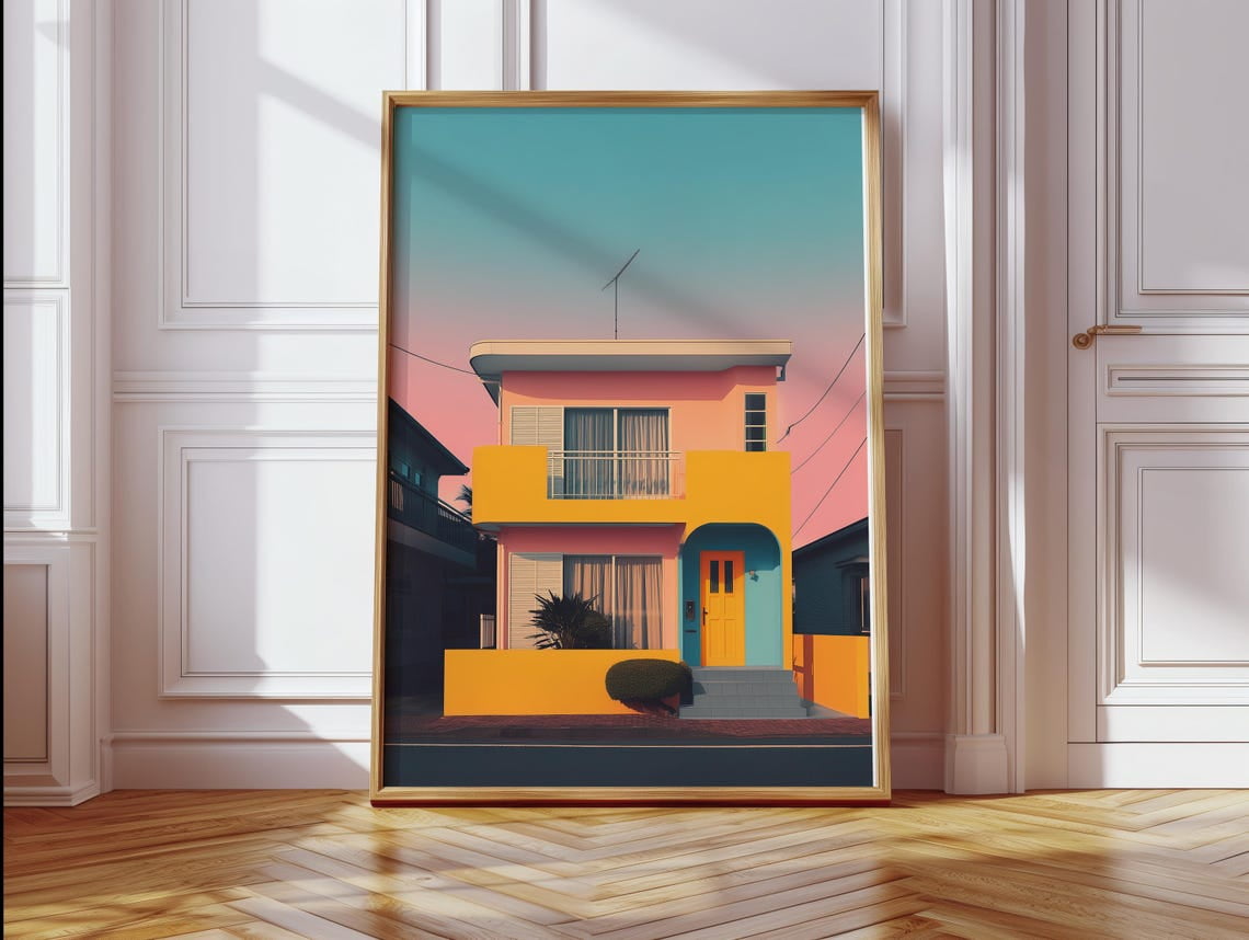 Tokyo Pink Sunset House Hiroshi Nagai Inspired Architecture Print, Yayoi Kusama Inspired Print ...